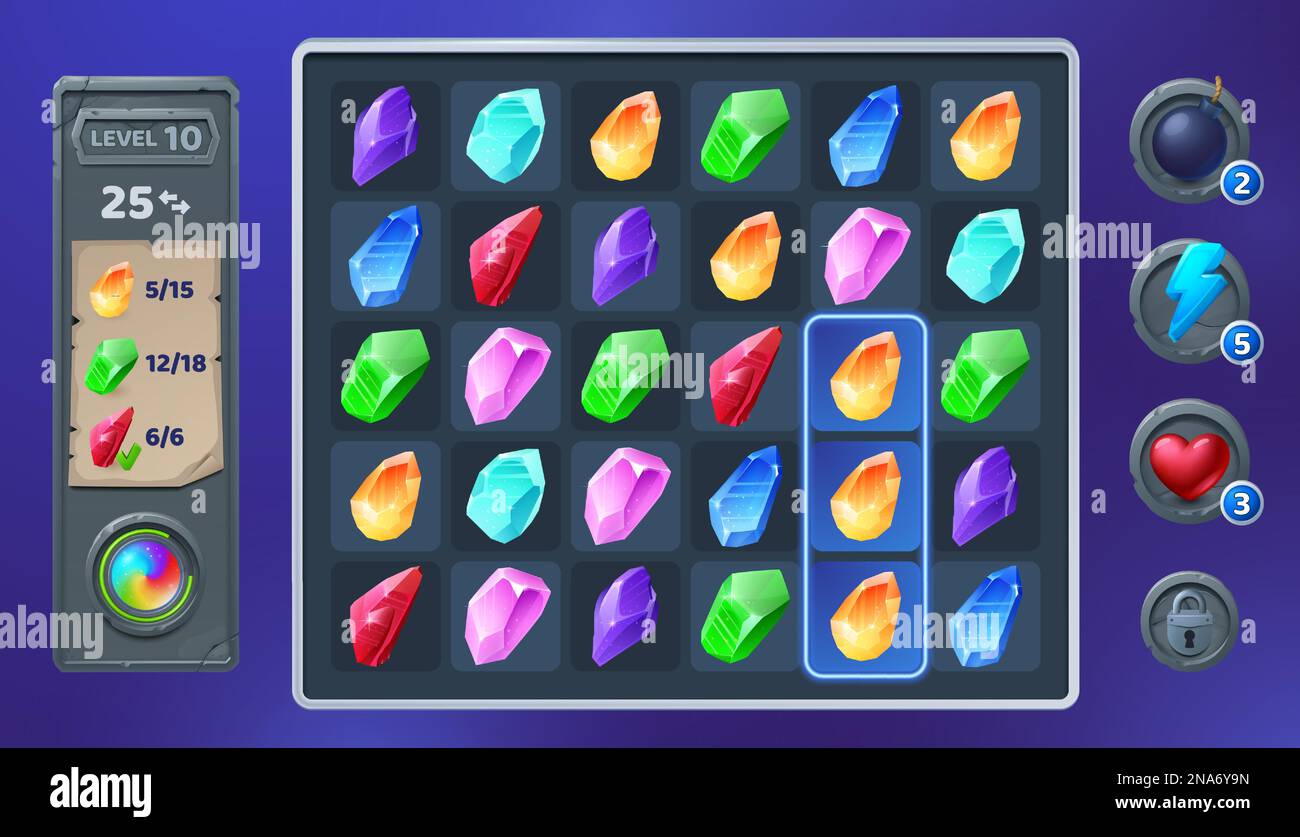 Computer game user interface with crystals puzzle. Vector cartoon ...