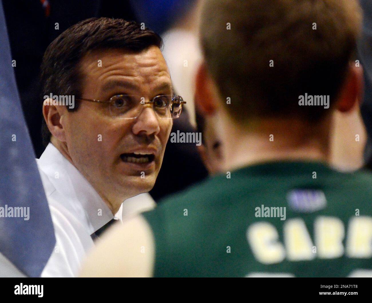 Colorado State head coach Tim Miles talks with his players during an ...