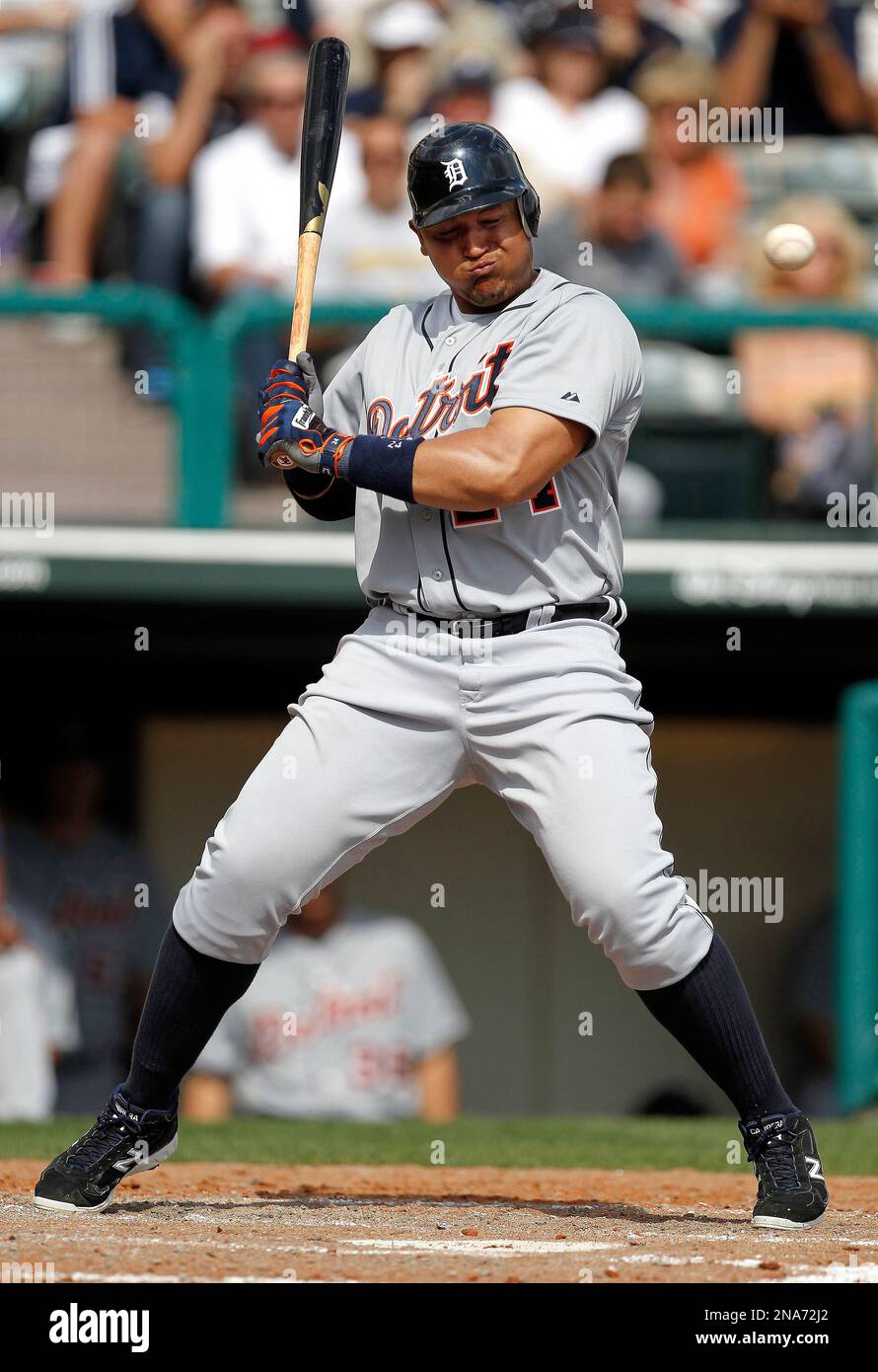 Detroit Tigers' Miguel Cabrera reacts as a high fastball from Atlanta ...