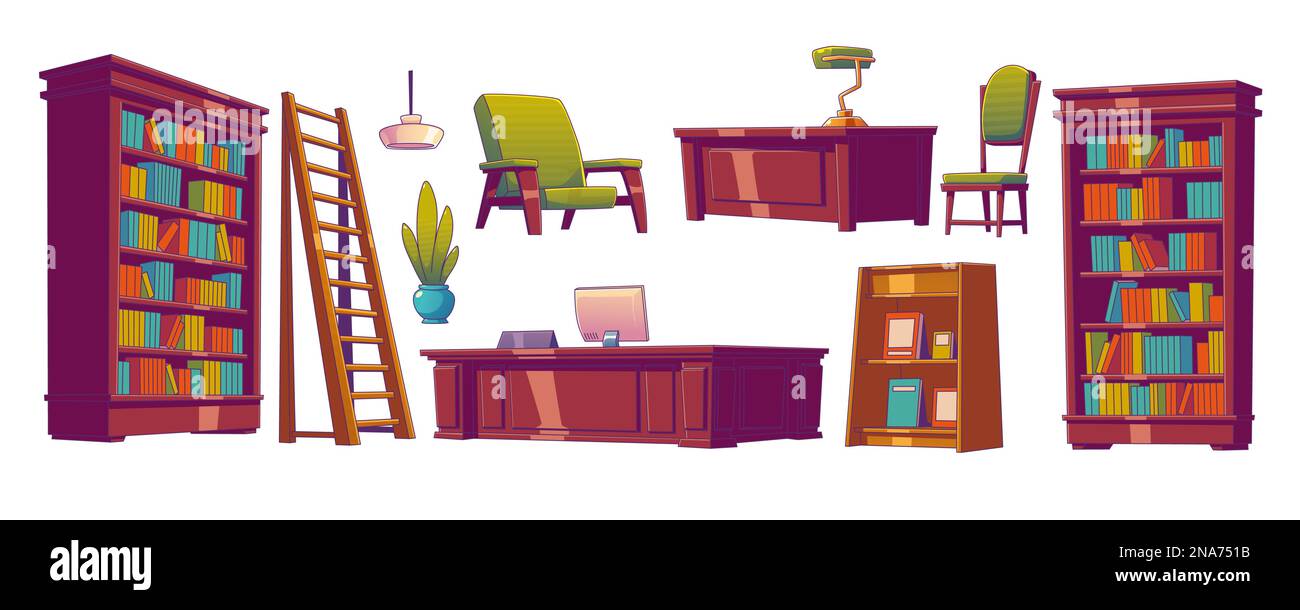 Set of isolated furniture for library room interior. Bookshelf, desk ...