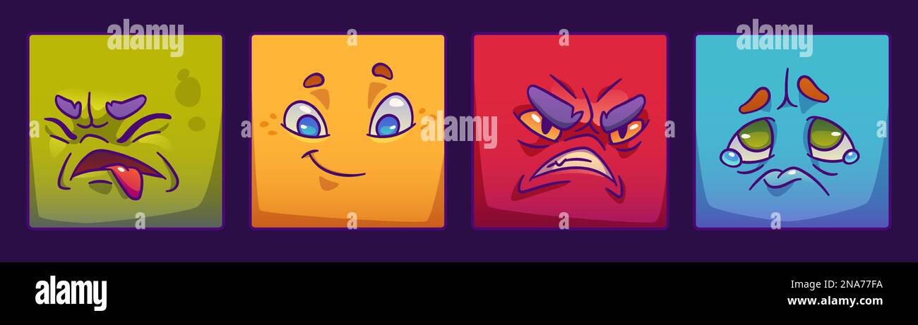 Set of square monster face for player avatar in game. Cartoon emotion ...