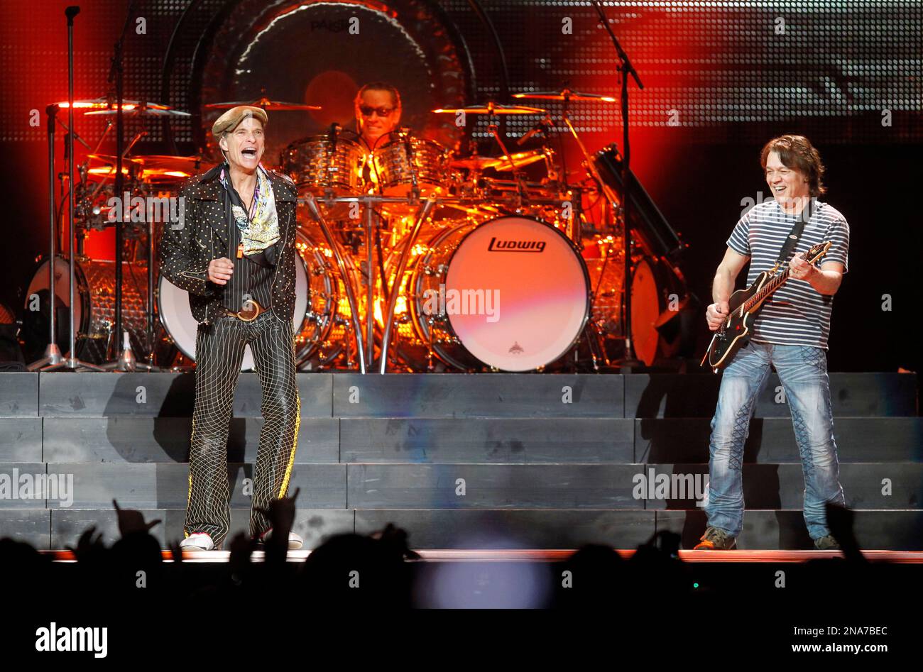 Lead singer David Lee Roth, left, drummer Alex Van Halen, center, and ...