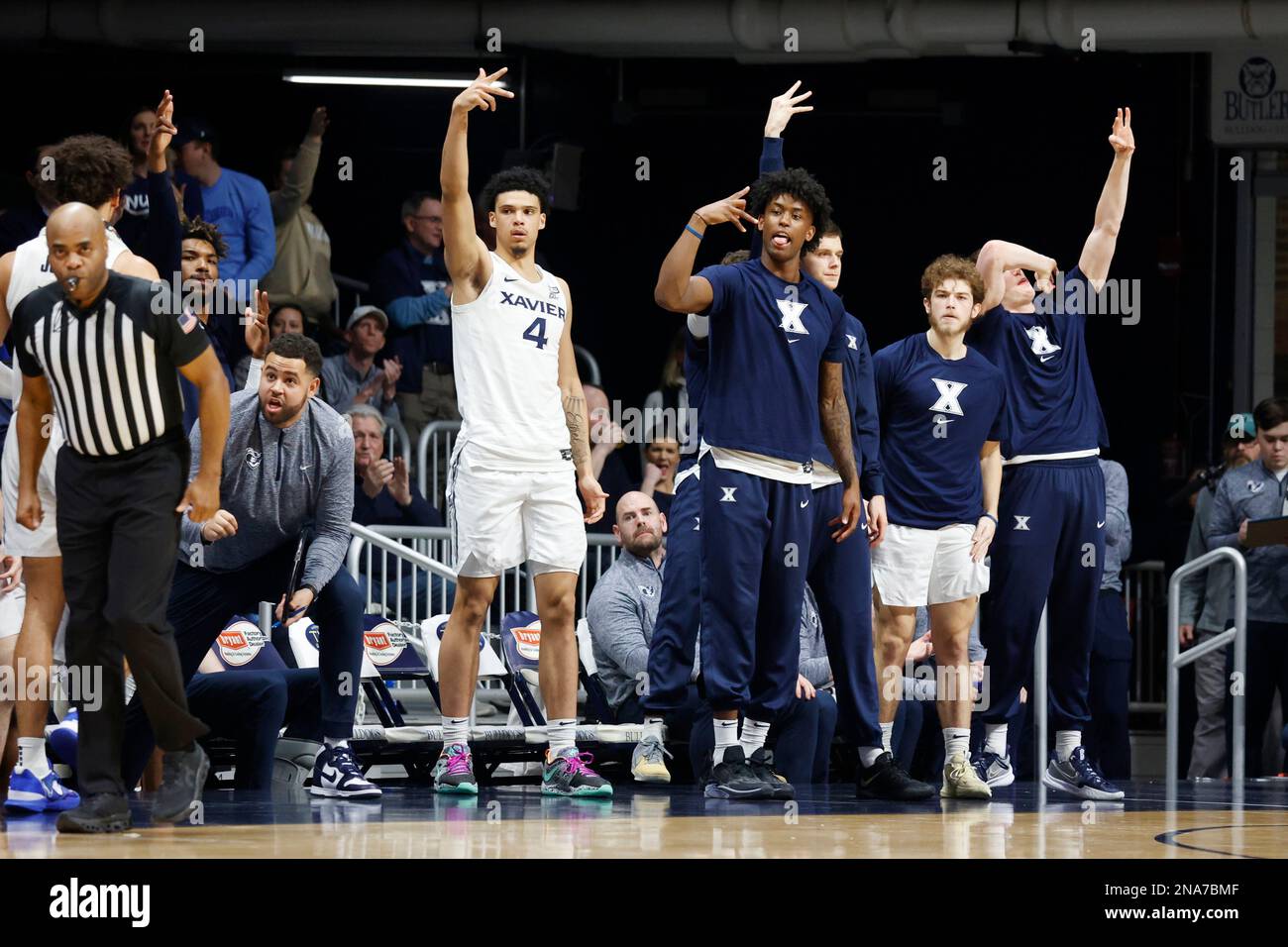 INDIANAPOLIS, IN - FEB 10: Xavier Muskateers bench reacts during a game ...