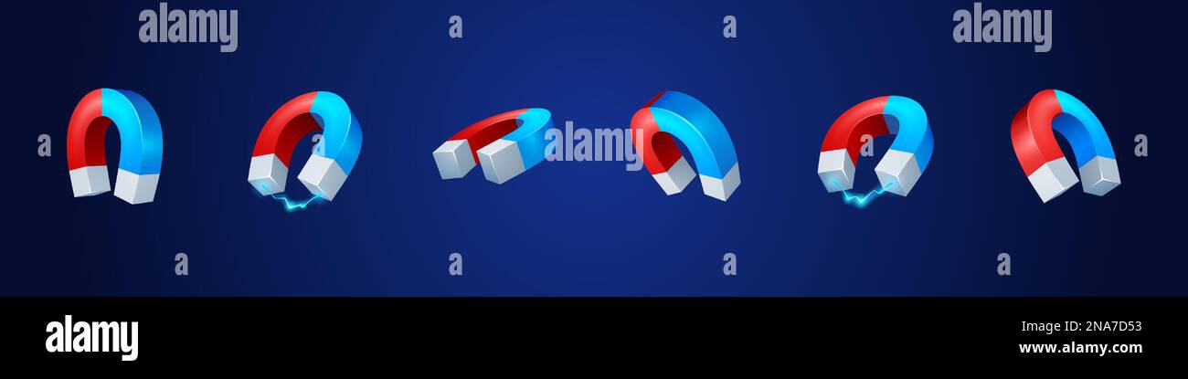 Icons of magnet in horseshoe shape with electromagnetic force field. 3d ...
