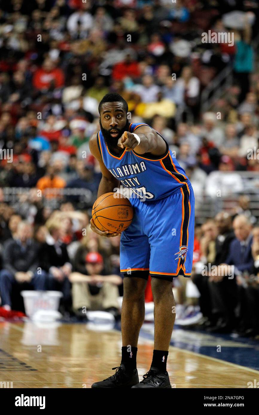 Oklahoma City Thunder guard James Harden (13) directs his teammates ...