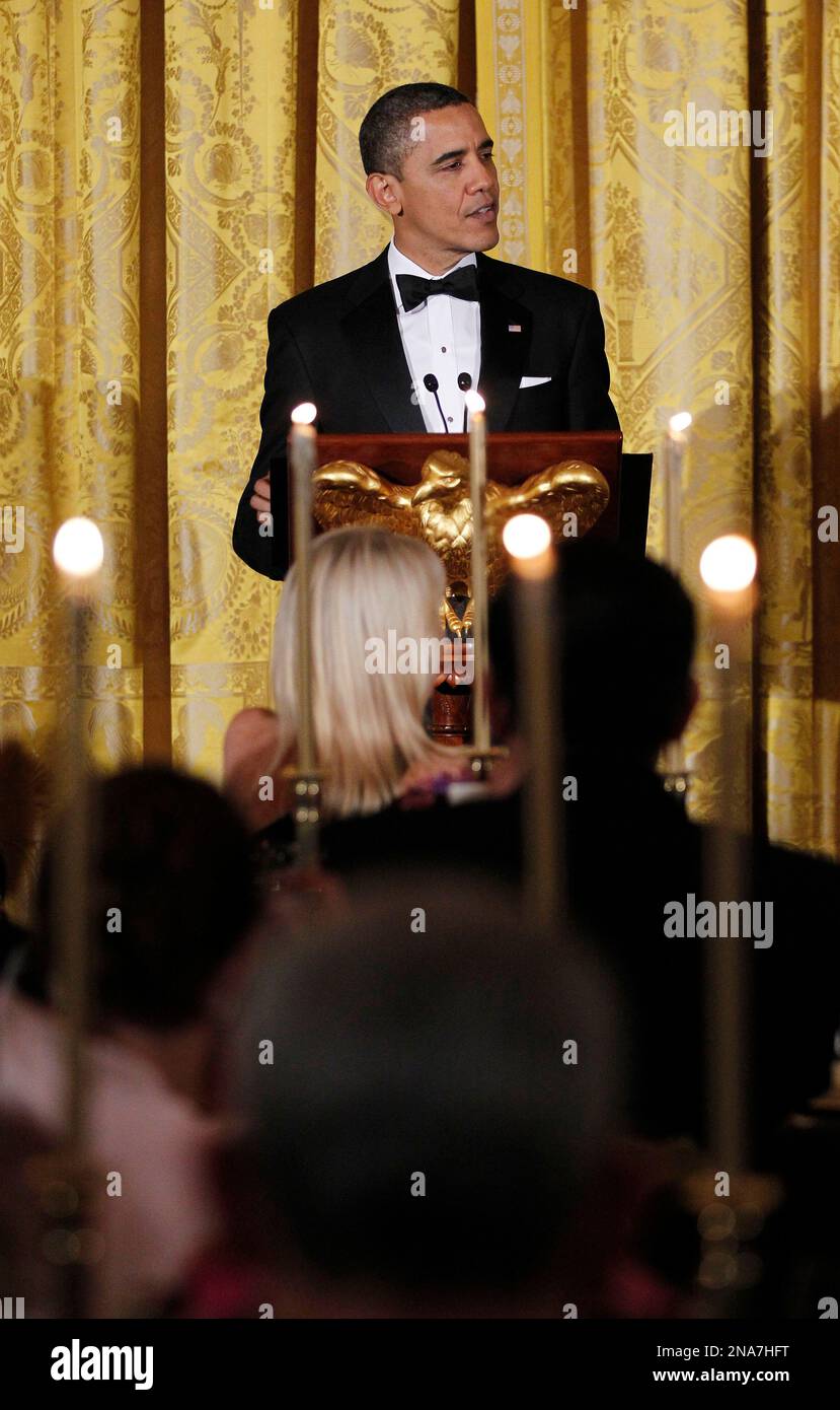 President Barack Obama speaks as he hosts a dinner for members of the U ...
