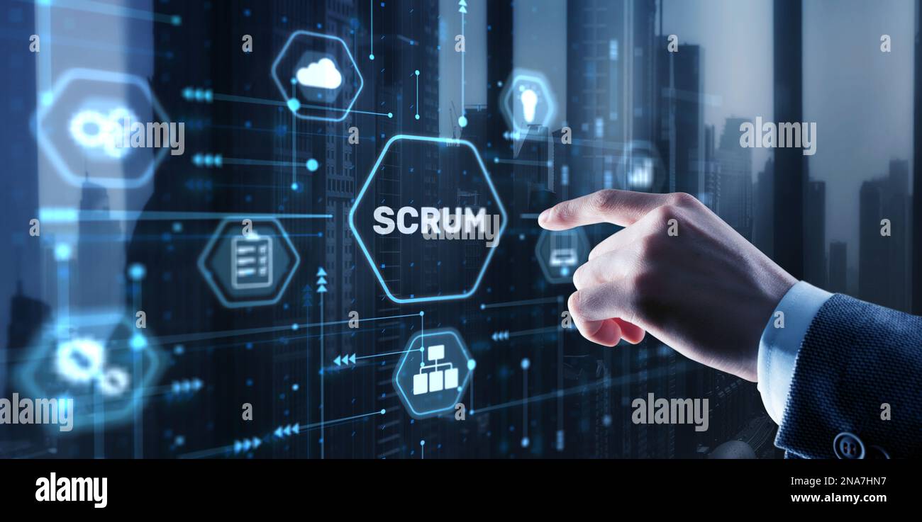 Businessman presses a button Scrum process software development outline ...