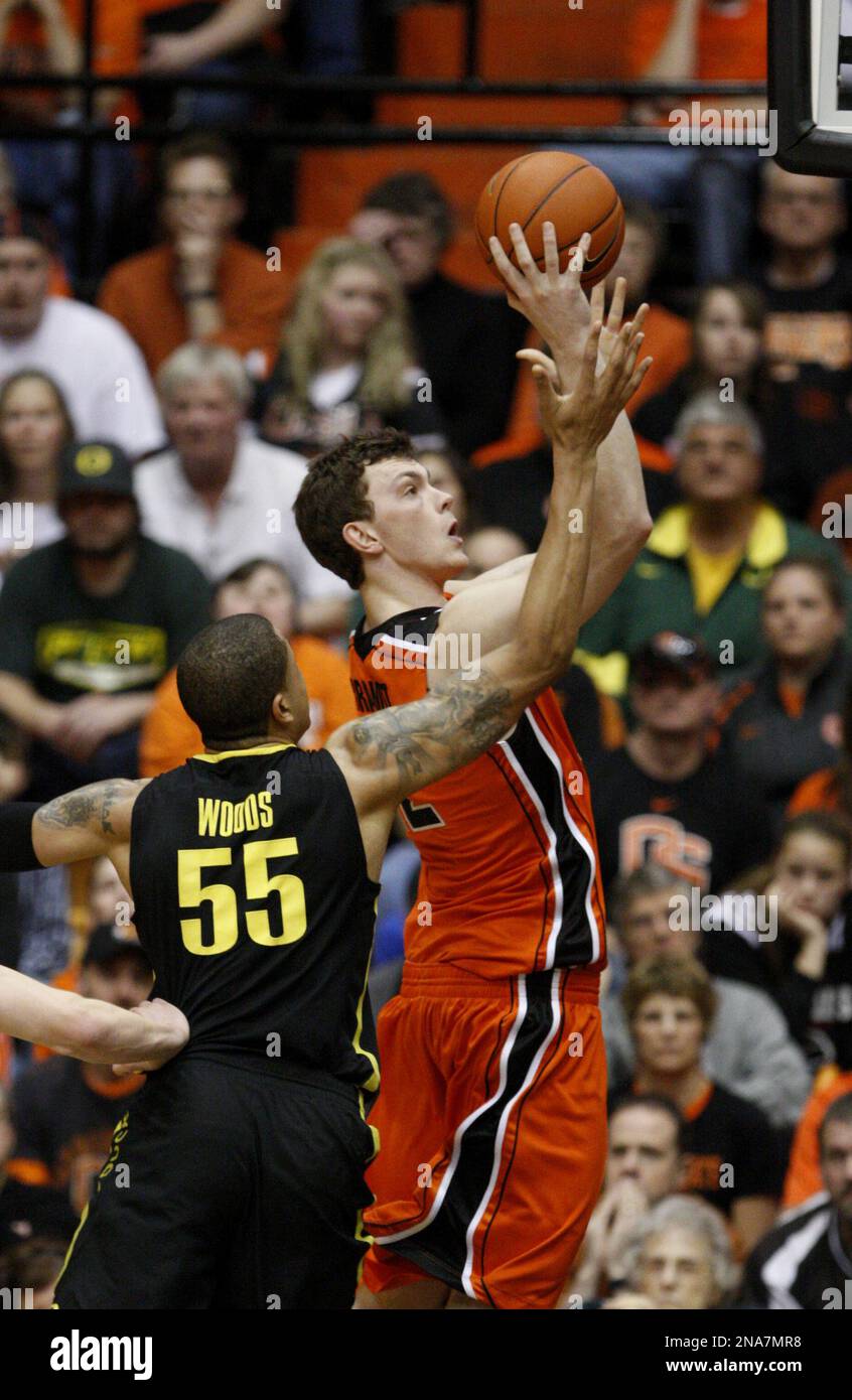 Oregon State forward Angus Brandt (12) goes to the basket as Oregon ...