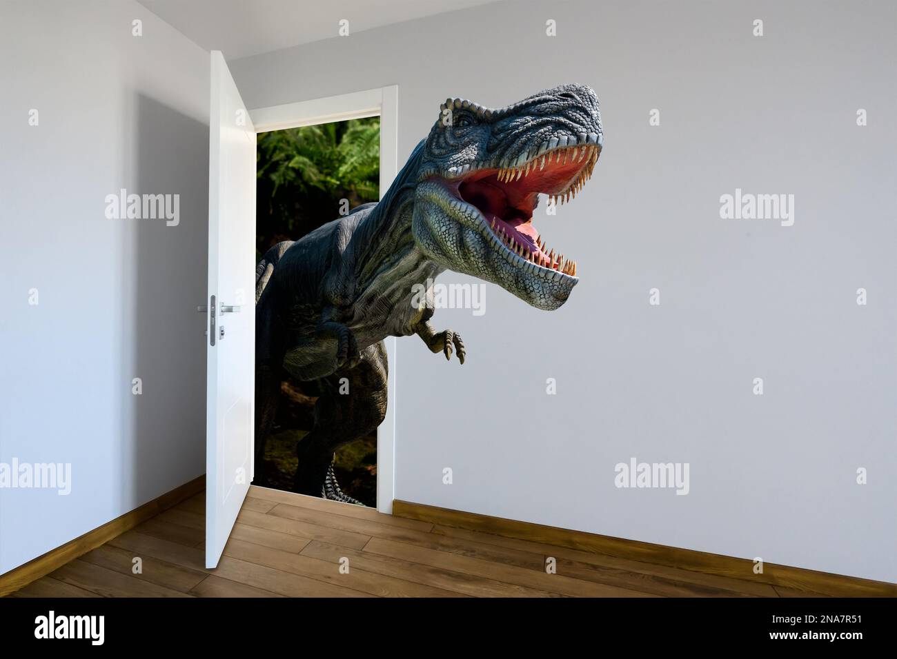 Tyrannosaurus Rex entering a door. Animal watching from a wall. Kids ...