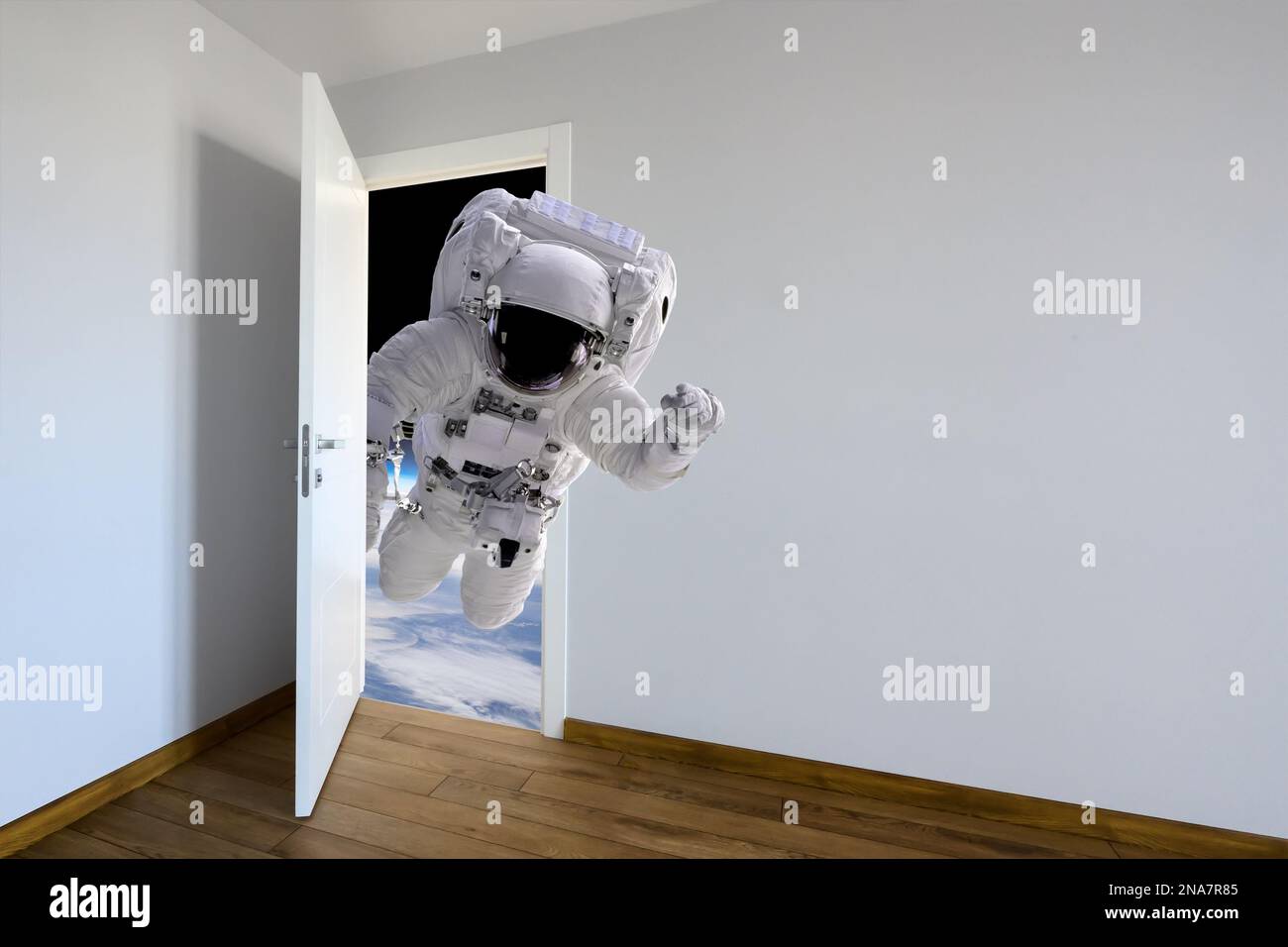 Astronaut entering a door. Animal watching from a wall. Kids decoration ...