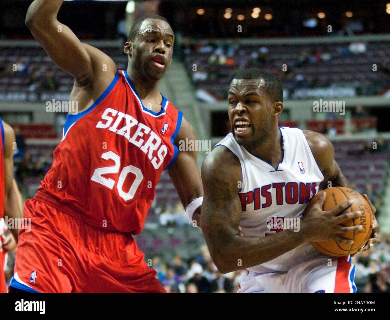 Detroit Pistons' Rodney Stuckey (3) drives against Philadelphia 76ers ...
