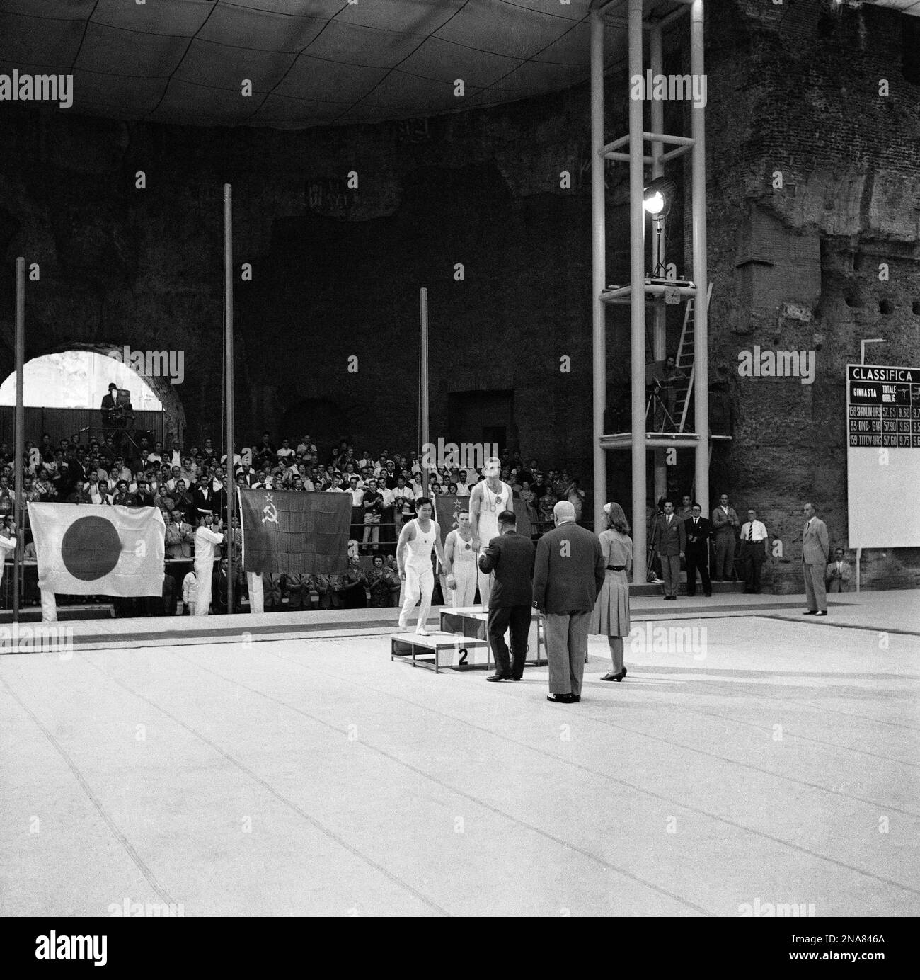General view of the winners ceremony of the Men's individual all-around ...