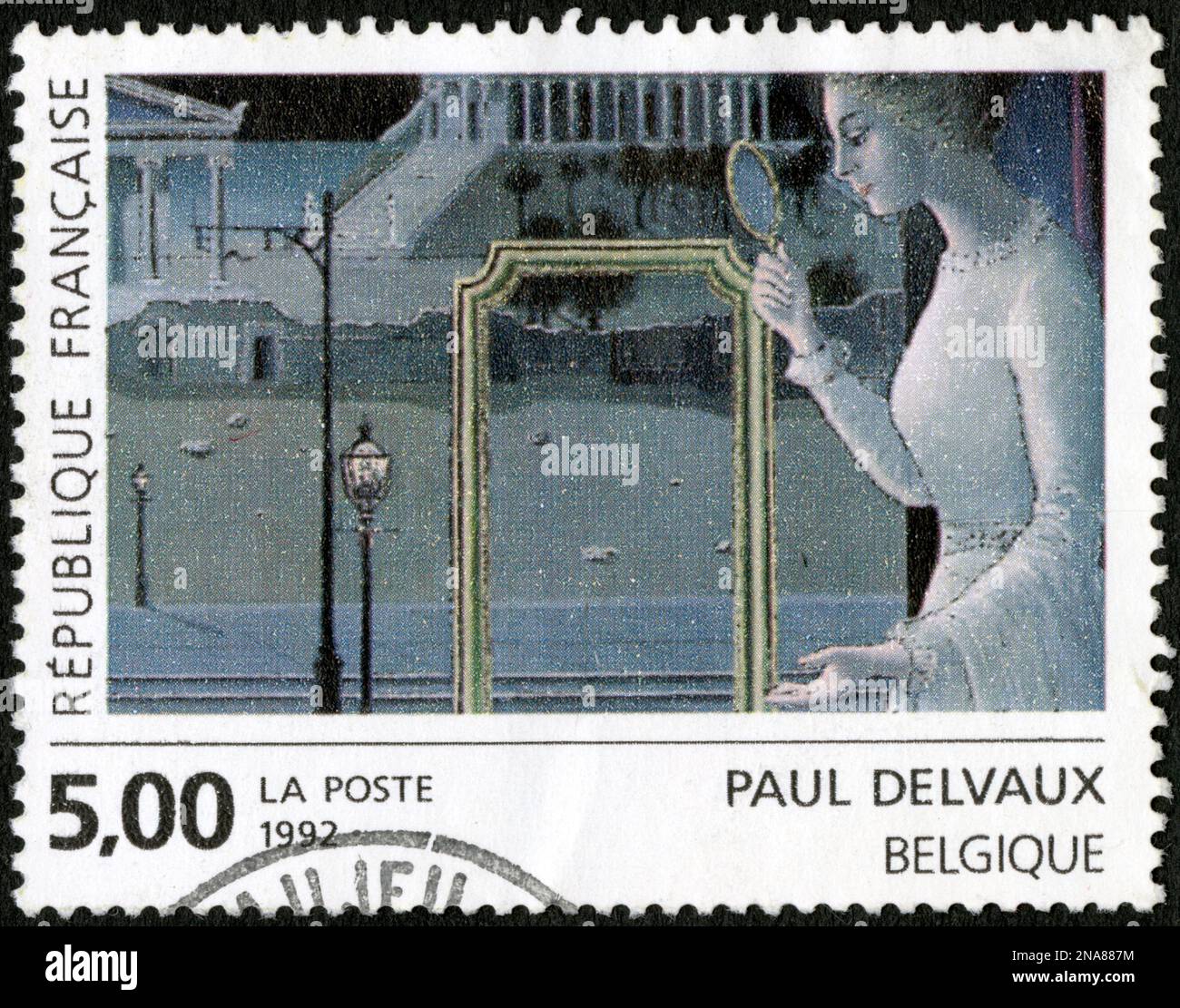TIMBRE OBLITÉRÉ PAUL DELVAUX. BELGIQUE. RÉPUBLIQUE FRANÇAISE. LA POSTE ...