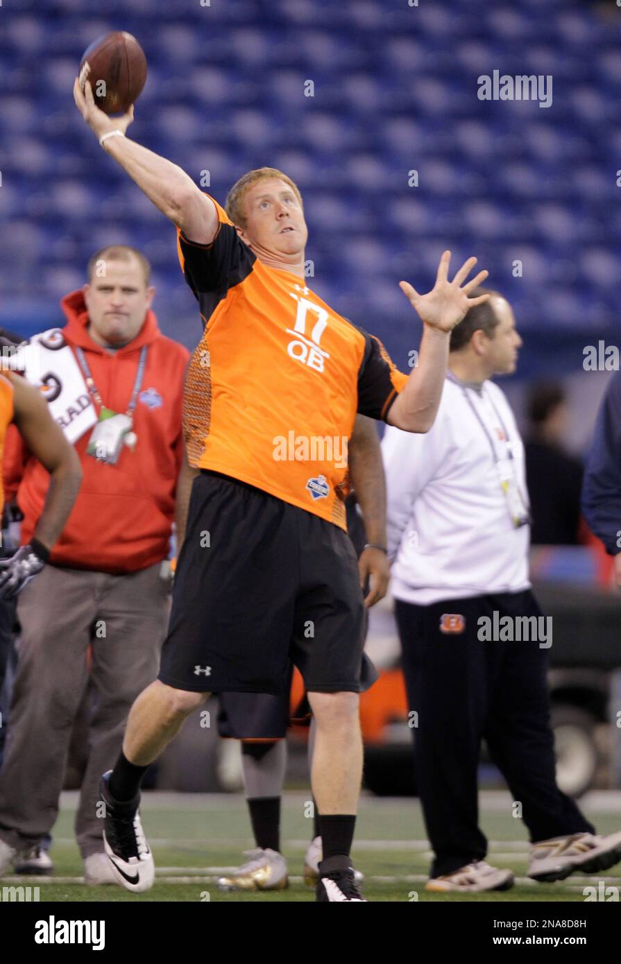 Oklahoma State quarterback Brandon Weeden throws as he runs a drill at ...