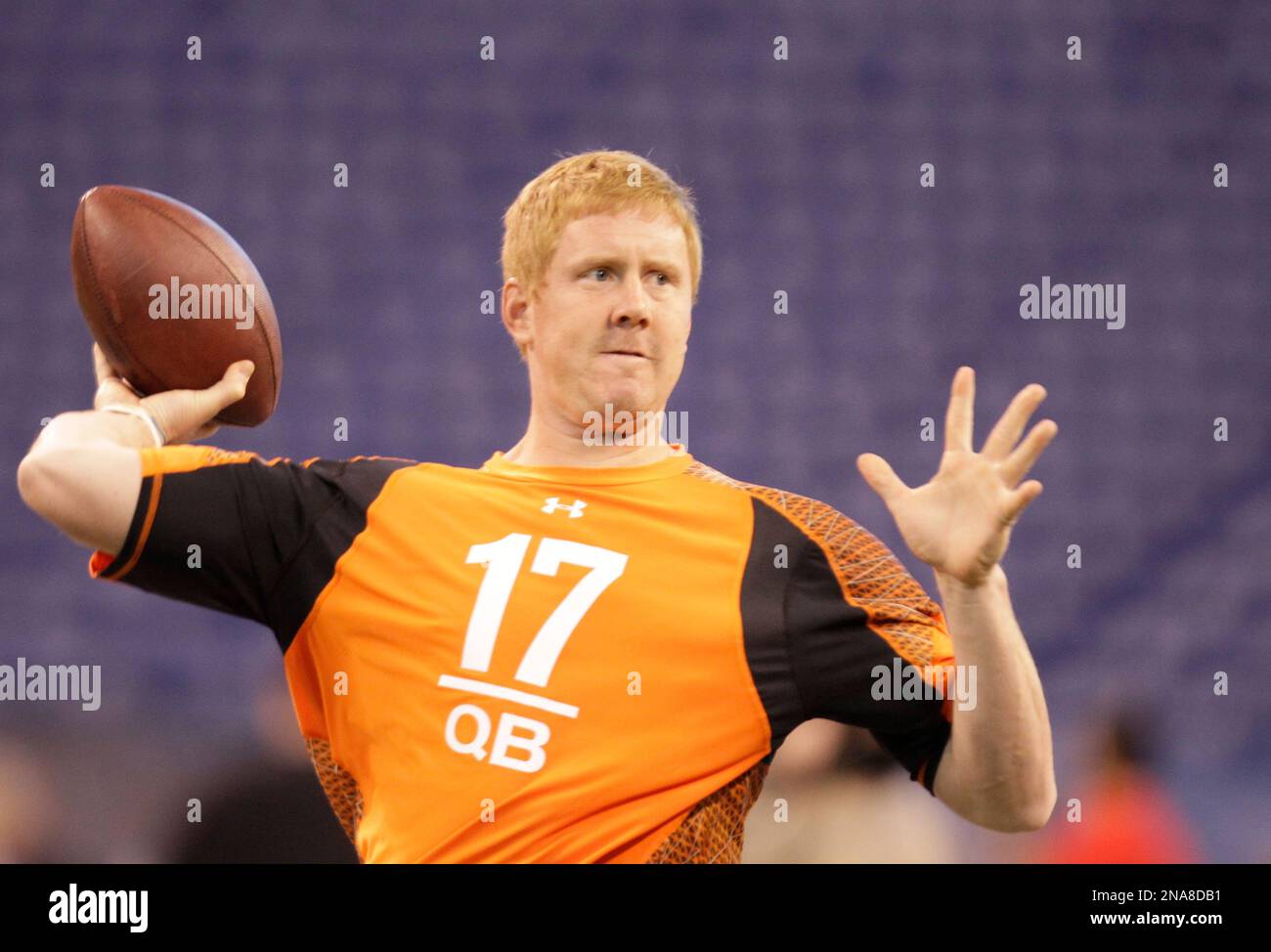Oklahoma State quarterback Brandon Weeden throws as he runs a drill at ...