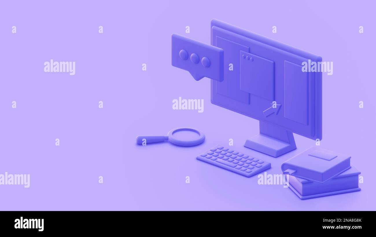 3d render of computer and keyboard in workplace. Isometric LCD monitor with open pages of ...