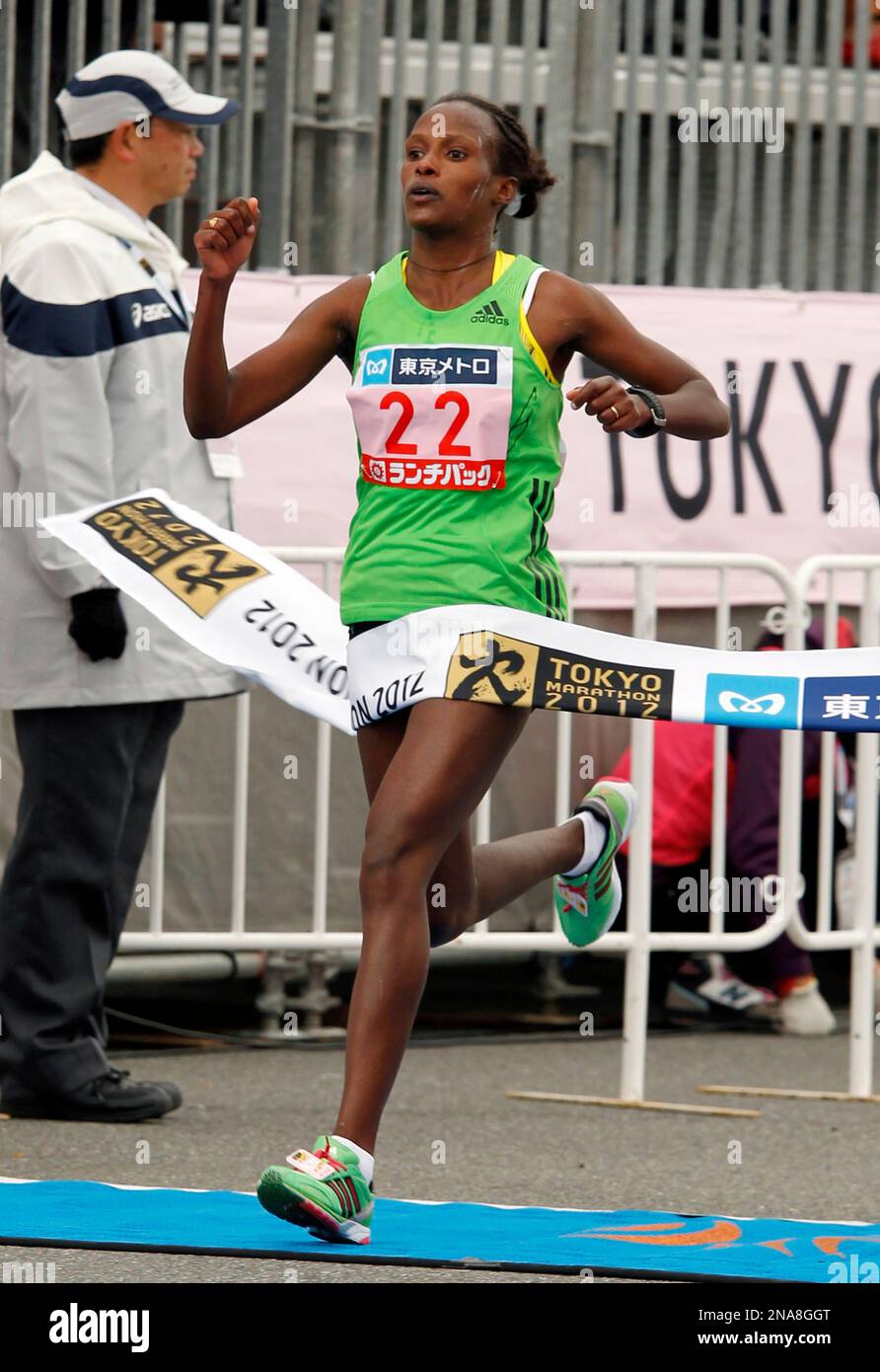 Atsede Habtamu of Ethiopia crosses the finish line to win the women's ...
