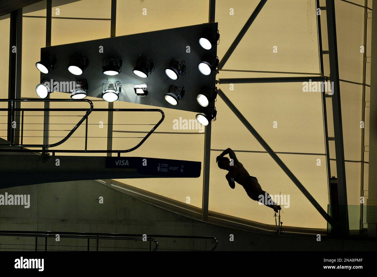 China's Qiu Bo is silhouetted as he performs a dive in the men's 10m ...