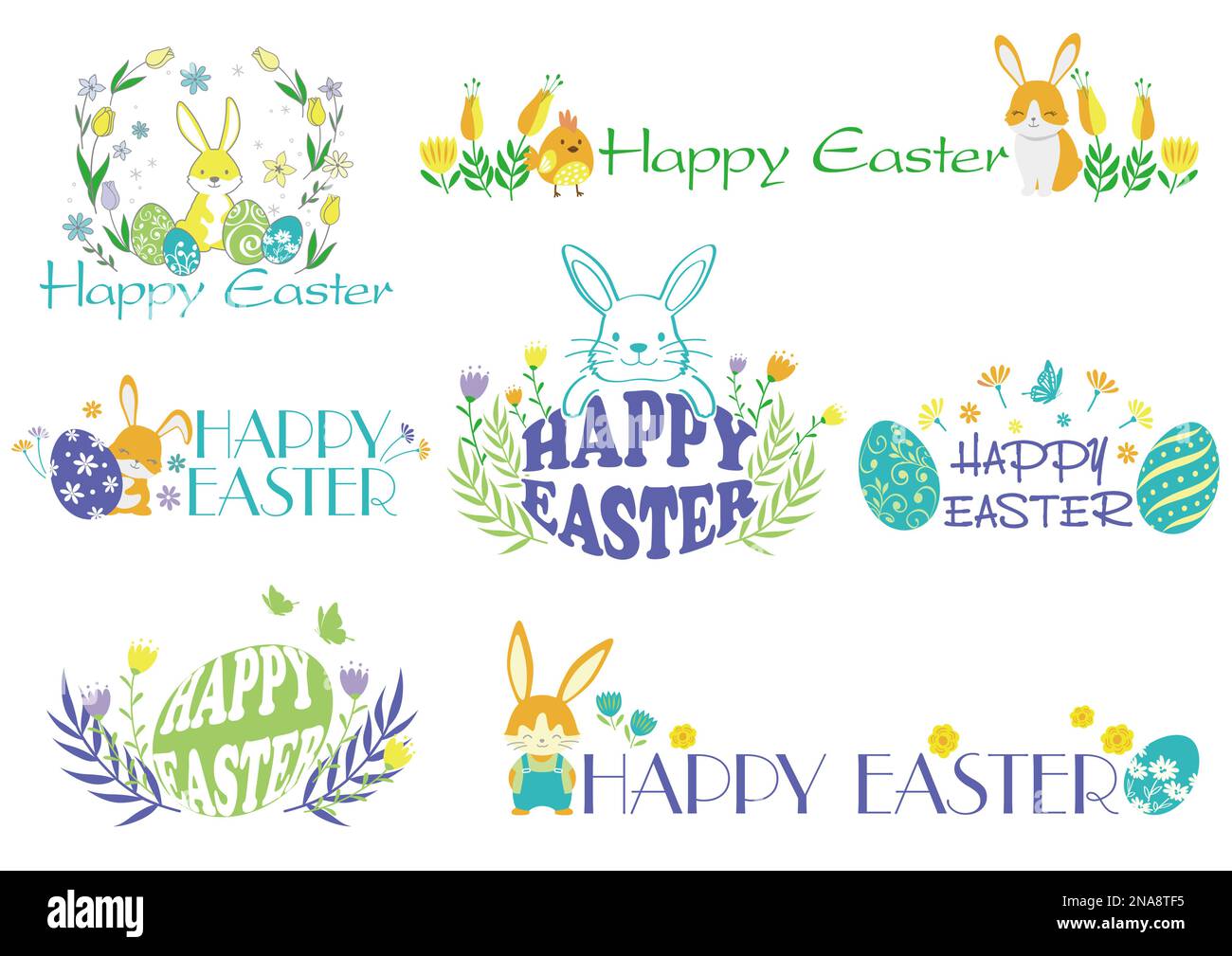 Happy Easter Vector Colorful Symbol Logo Set With Cartoonish Easter ...