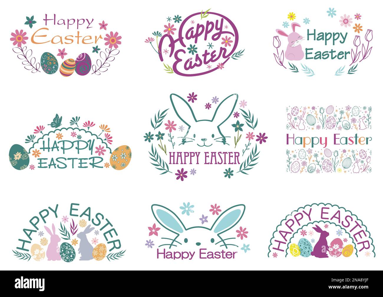 Happy Easter Vector Colorful Symbol Logo Set With Cartoonish Easter ...