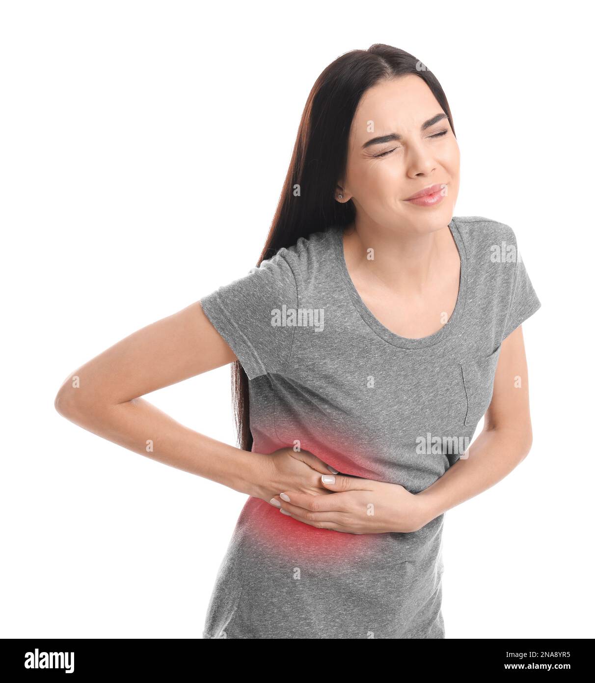Woman suffering from liver pain on white background Stock Photo - Alamy
