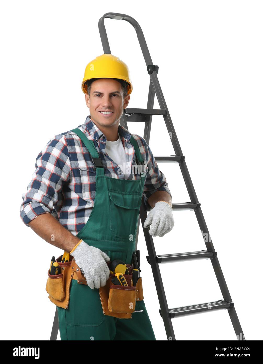 Professional builder near metal ladder on white background Stock Photo ...