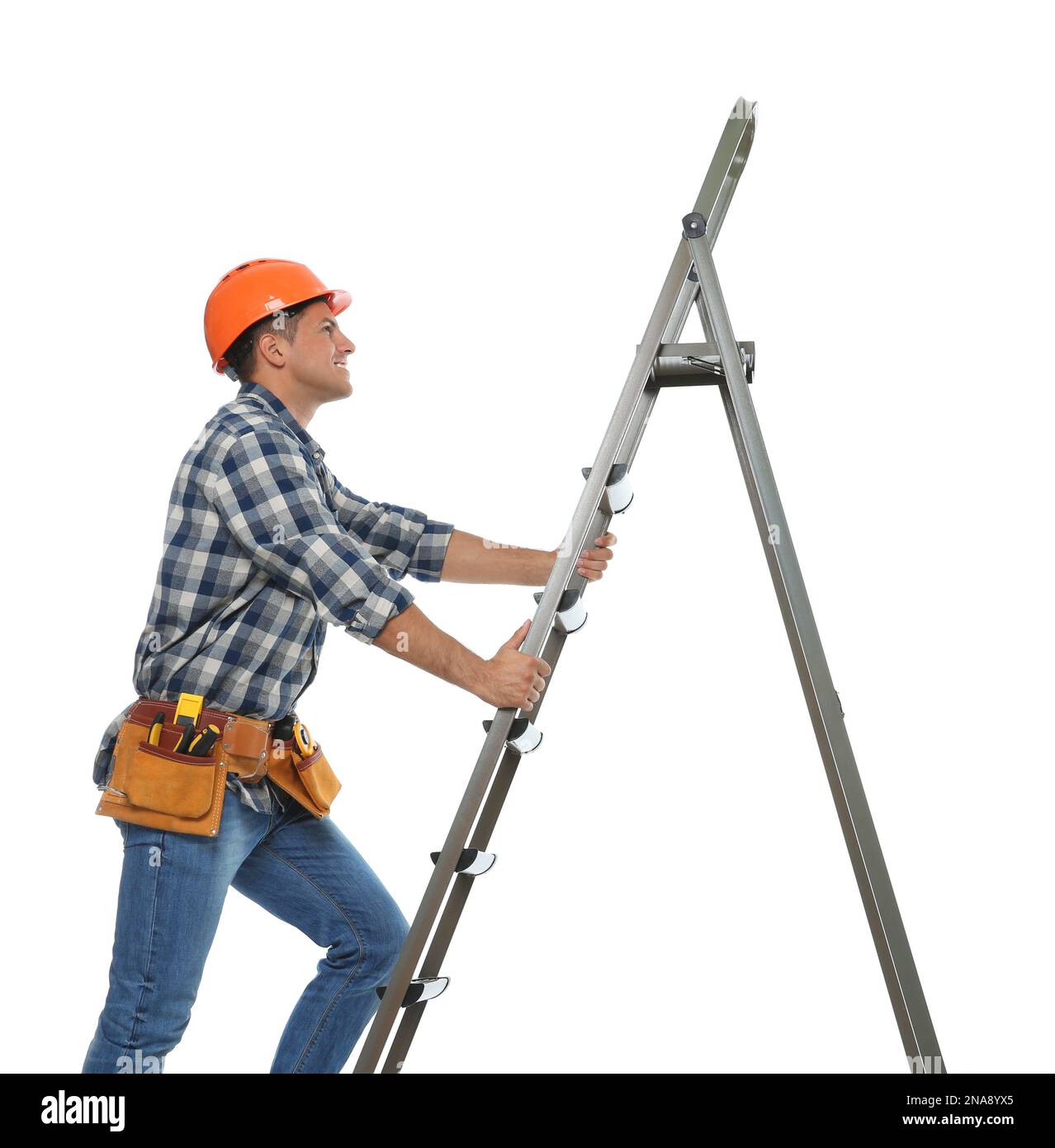 Professional builder climbing up metal ladder on white background Stock ...