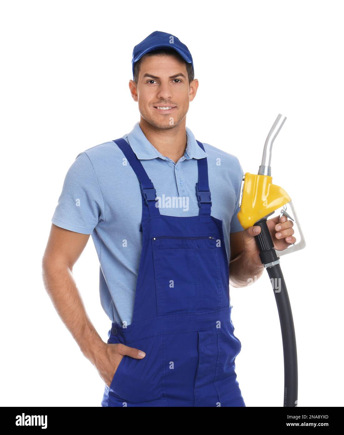 Gas station worker with fuel nozzle on white background Stock Photo - Alamy