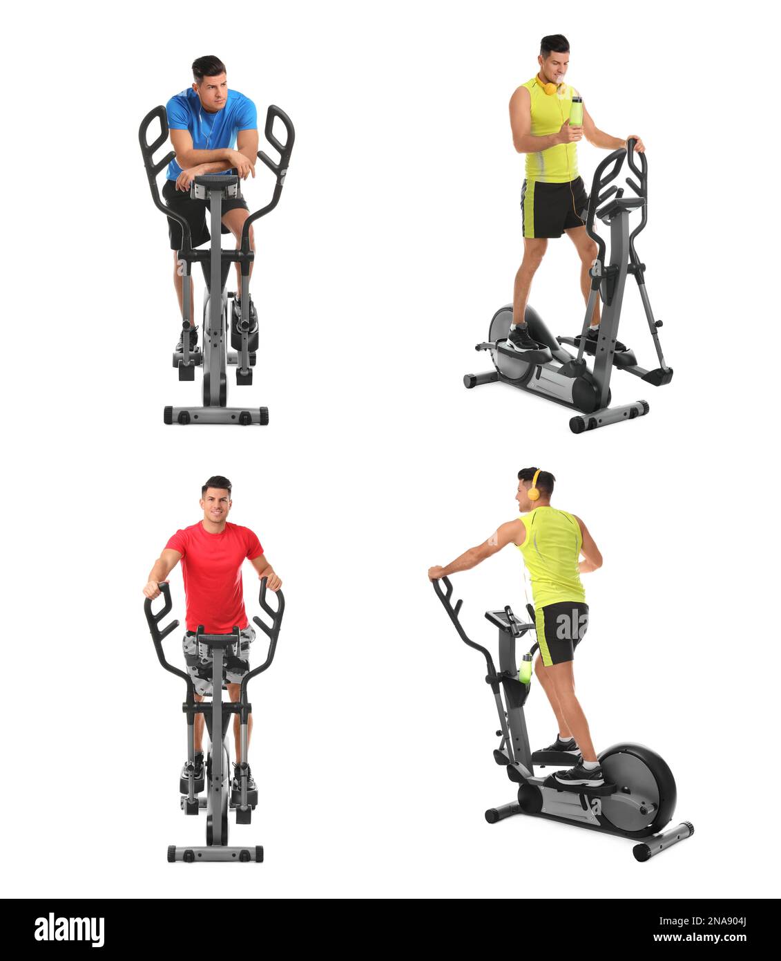 Man using modern elliptical machine on white background, collage Stock ...