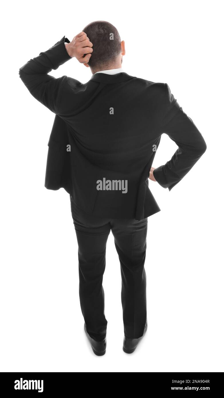 Businessman in suit on white background, back view Stock Photo - Alamy