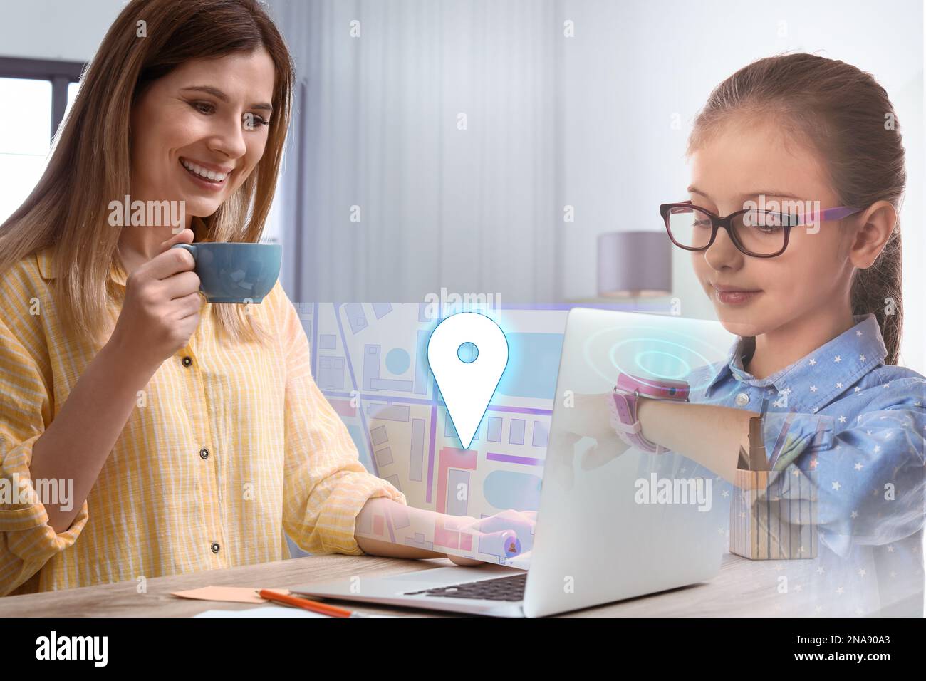 Control kid's geolocation via smart watch. Mother and daughter with ...
