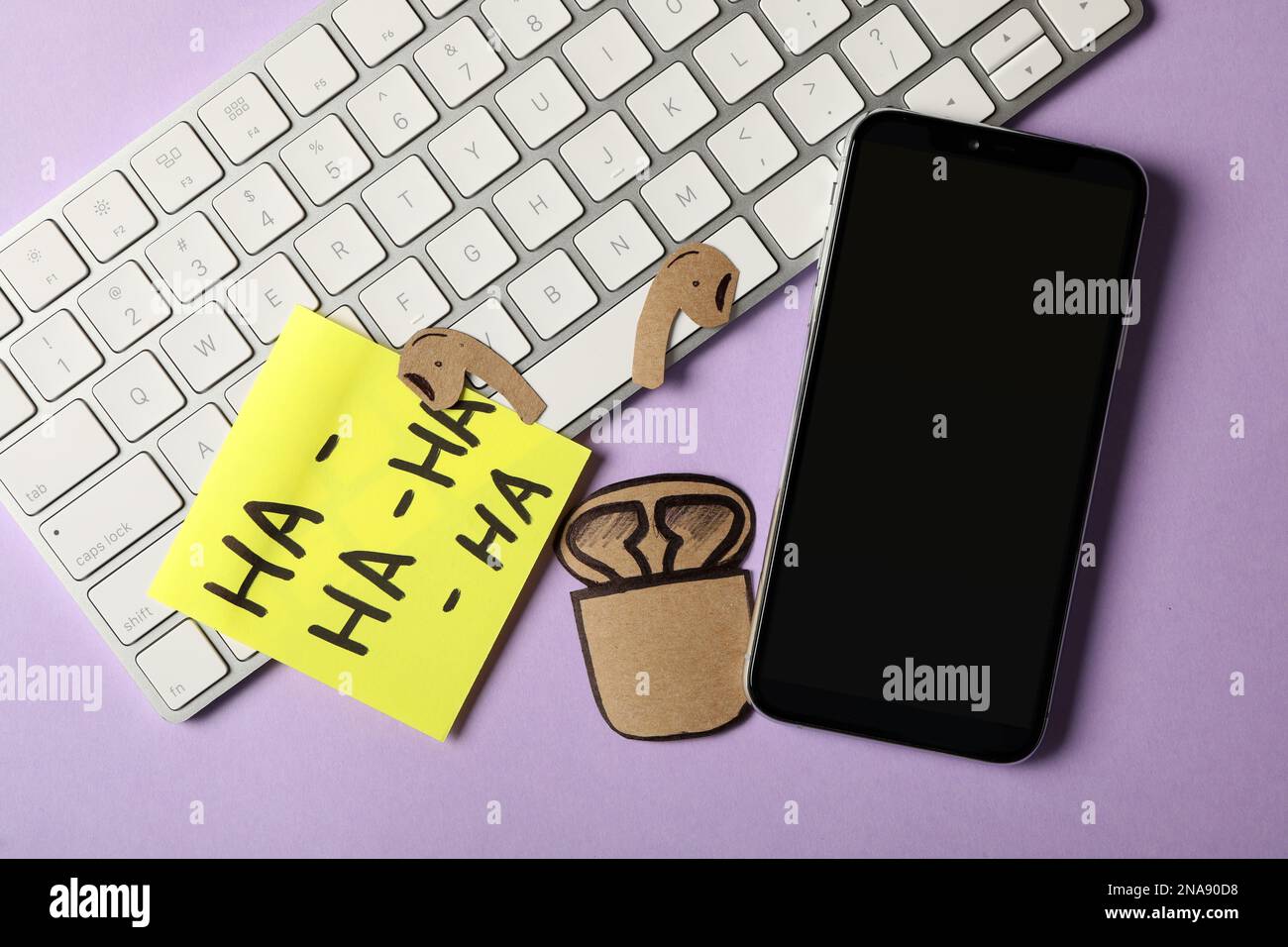 Keyboard, smartphone and carton earphones on violet background, flat ...