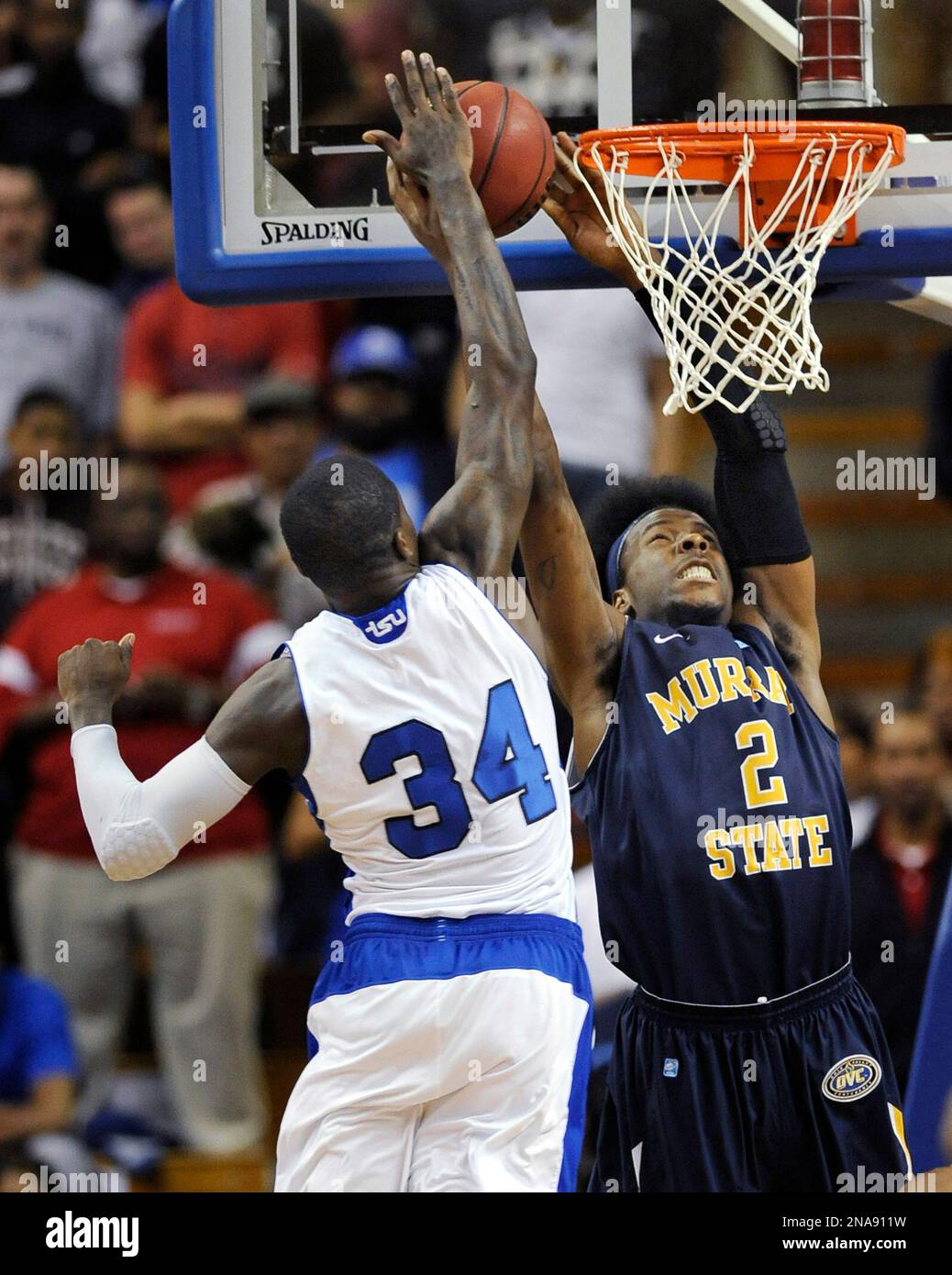 Tennessee State forward M.J. Rhett (34) blocks the shot of Murray State ...