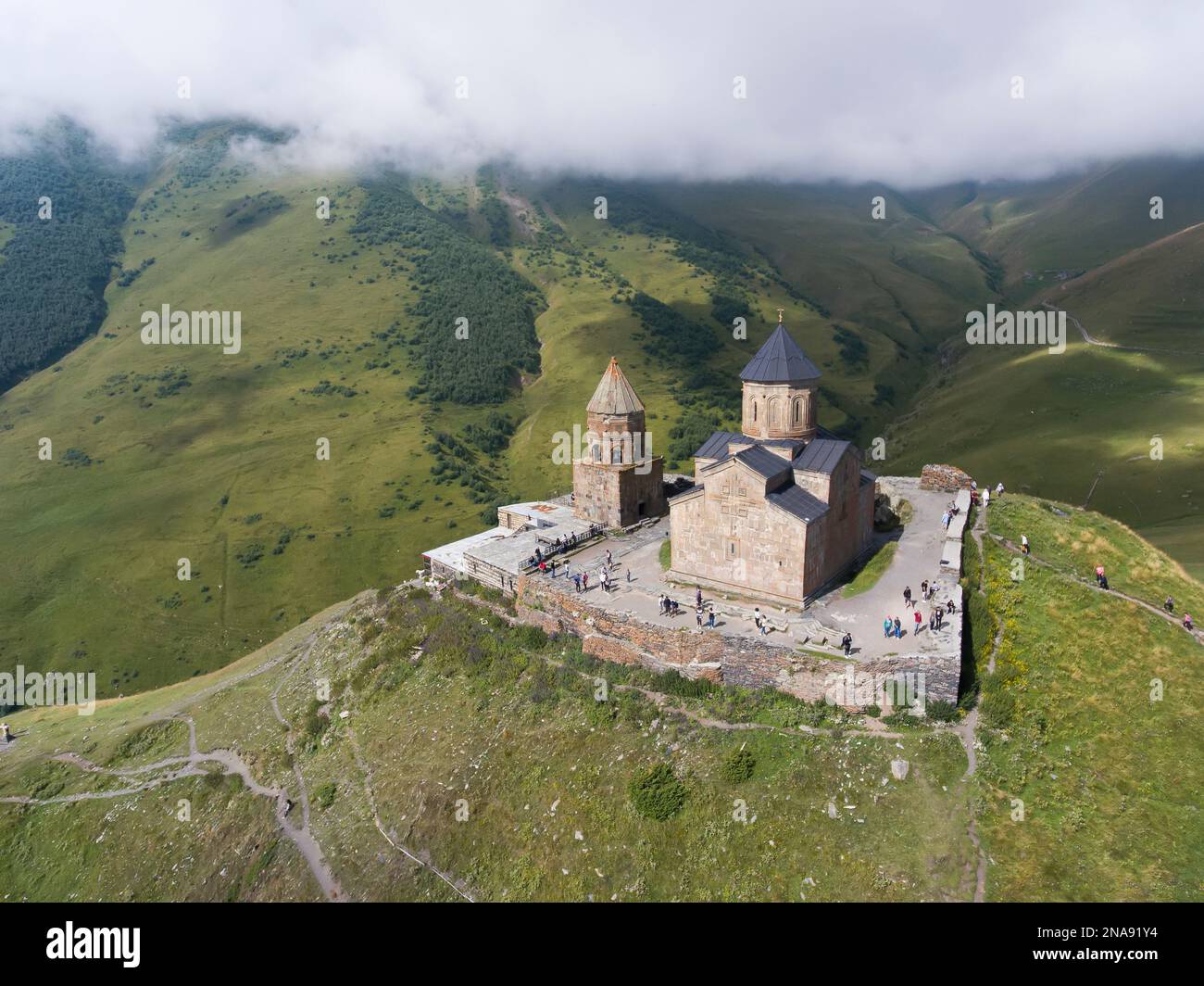 Aerial view of Gergeti Trinity Church in Kazbegi, Georgia; Gergeti ...