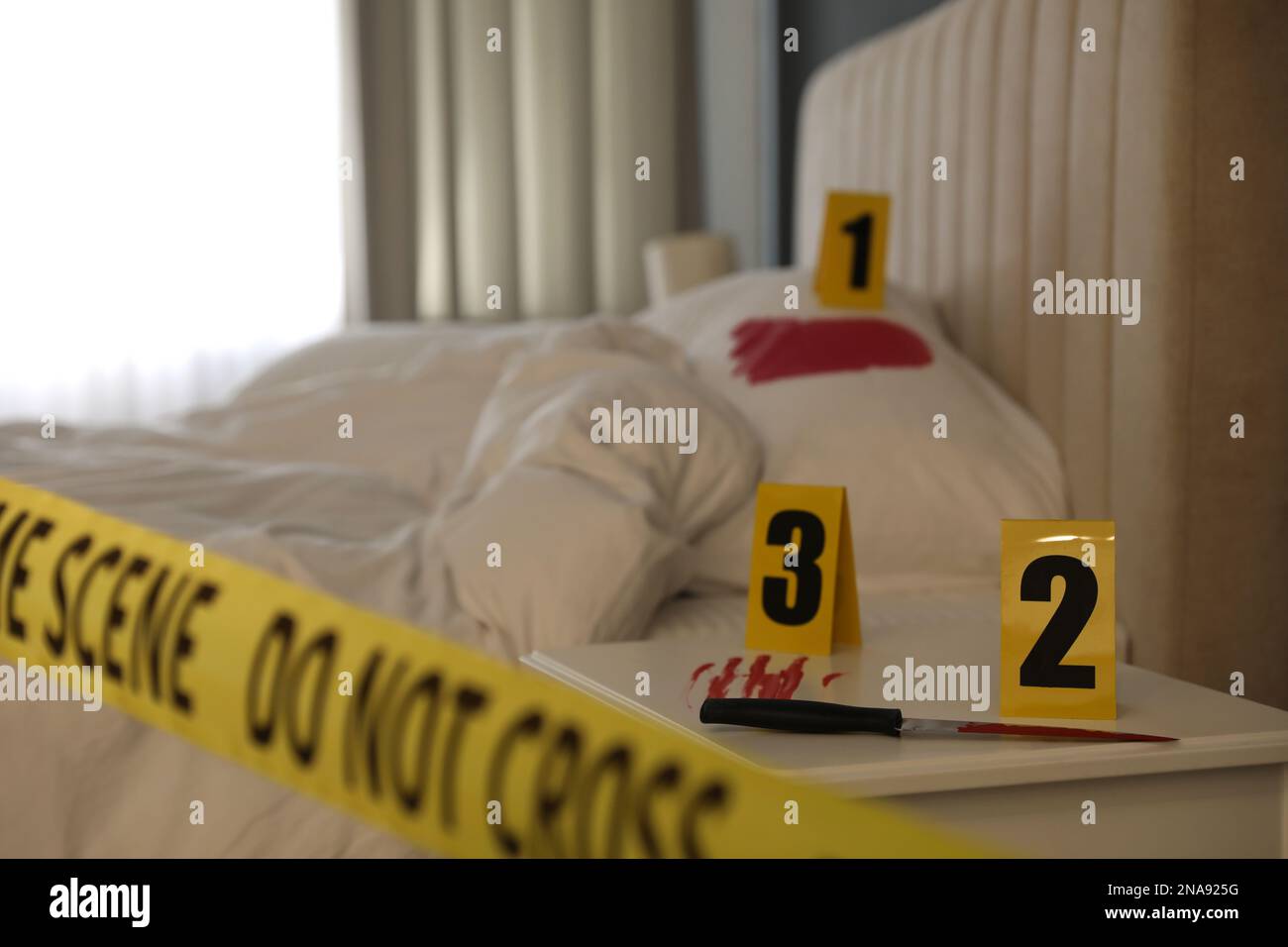 Bloody knife and crime scene markers on nightstand in bedroom Stock ...