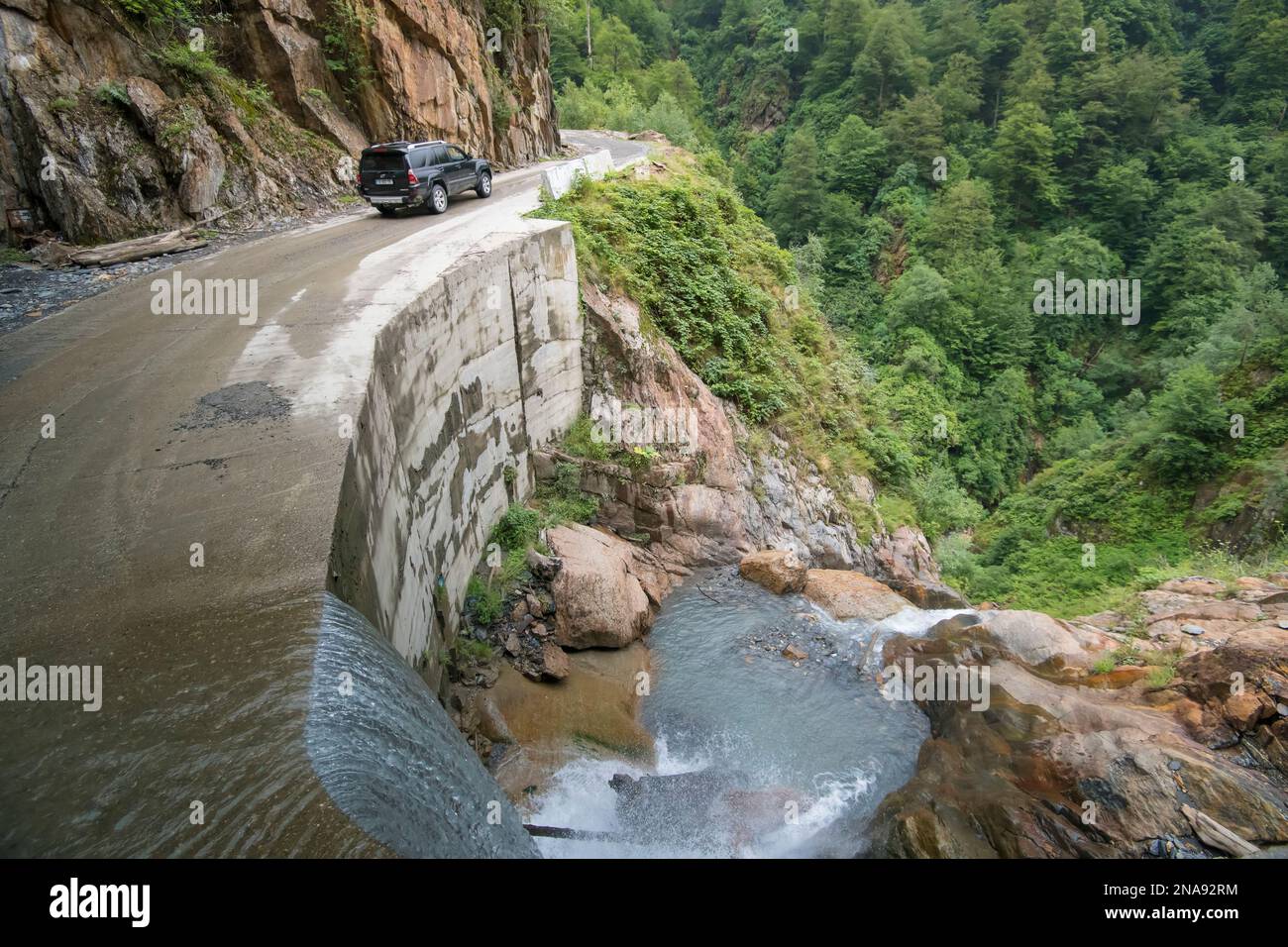 A black SUV drives the Abano Pass to Tusheti, Georgia; Tusheti, Georgia ...