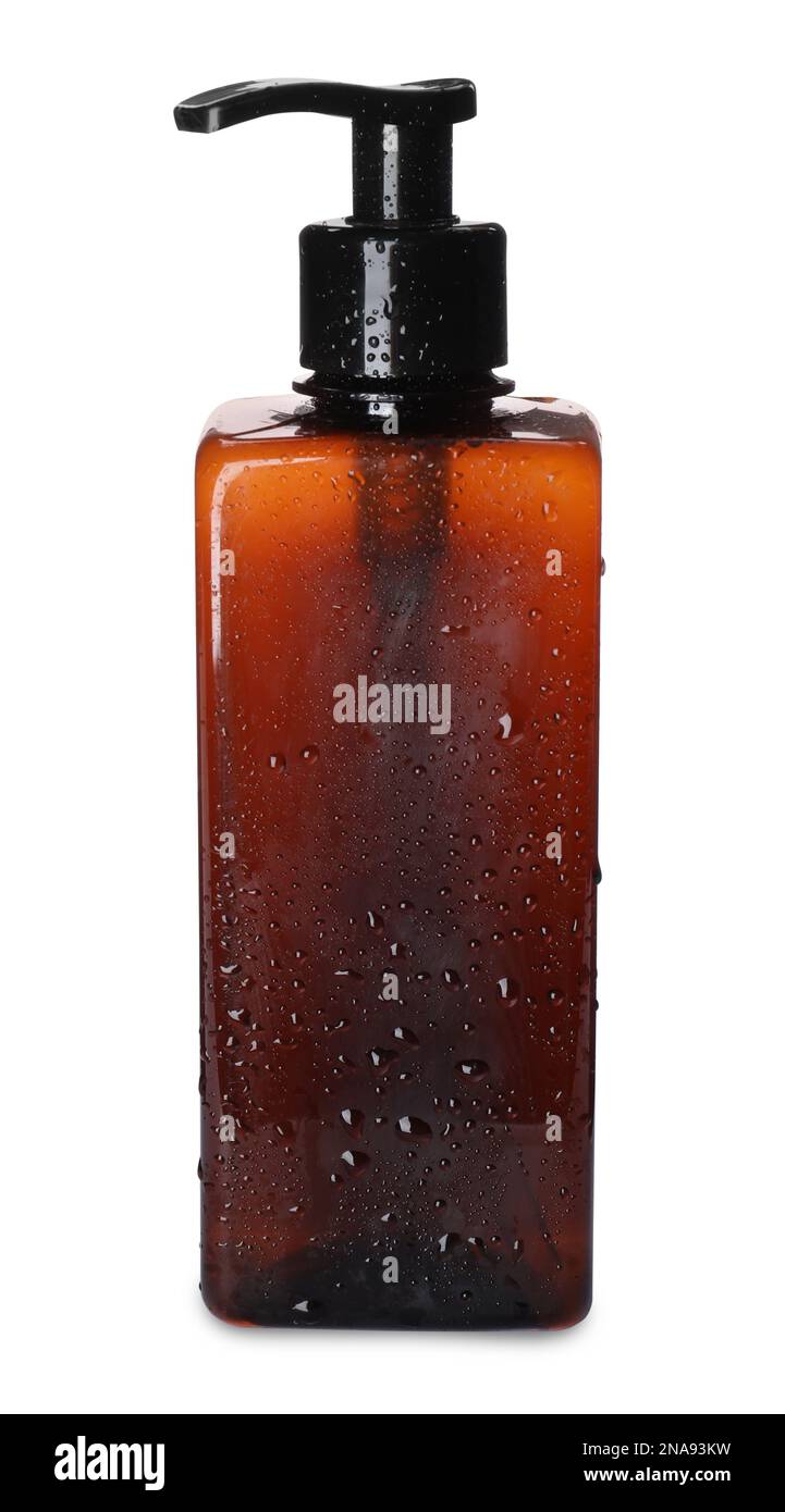 Dispenser bottle with water drops isolated on white. Men's cosmetics ...