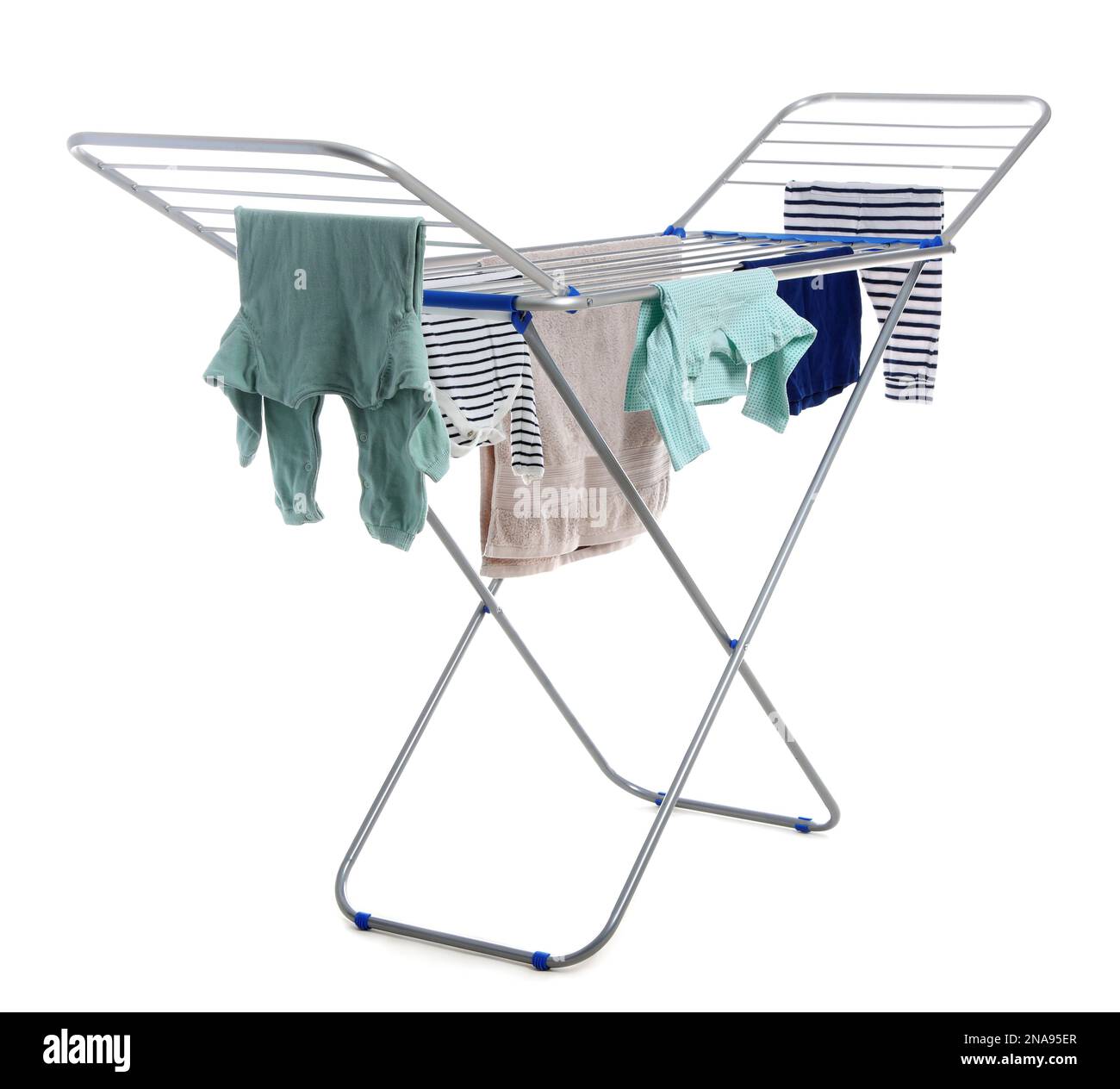 Modern drying rack with clothes on white background Stock Photo - Alamy