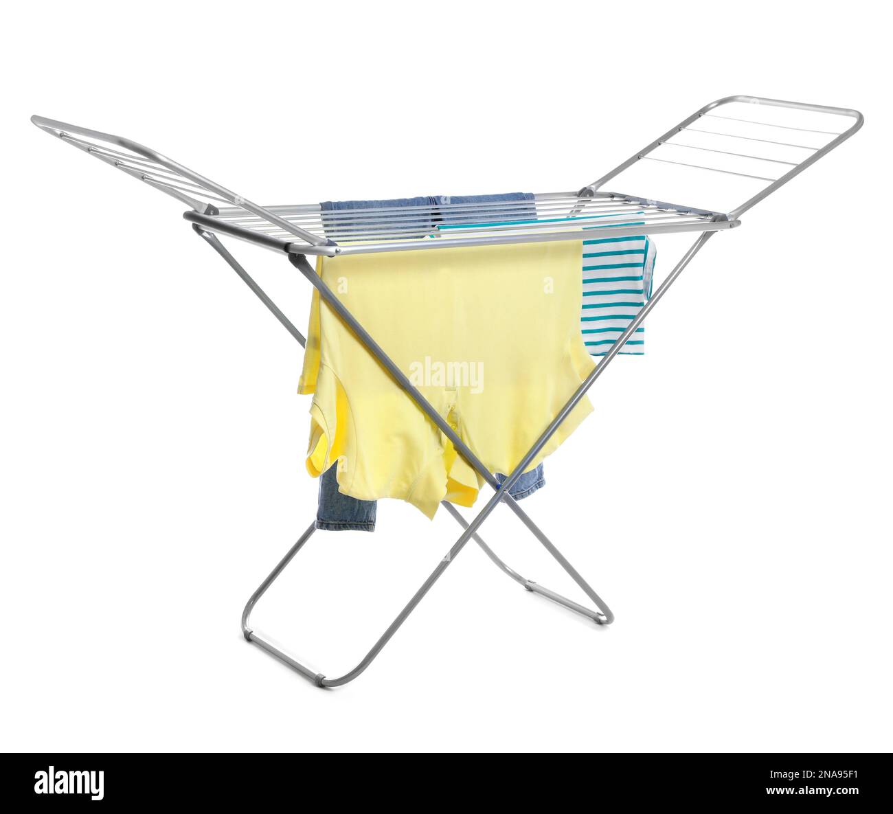 Modern drying rack with clothes on white background Stock Photo - Alamy