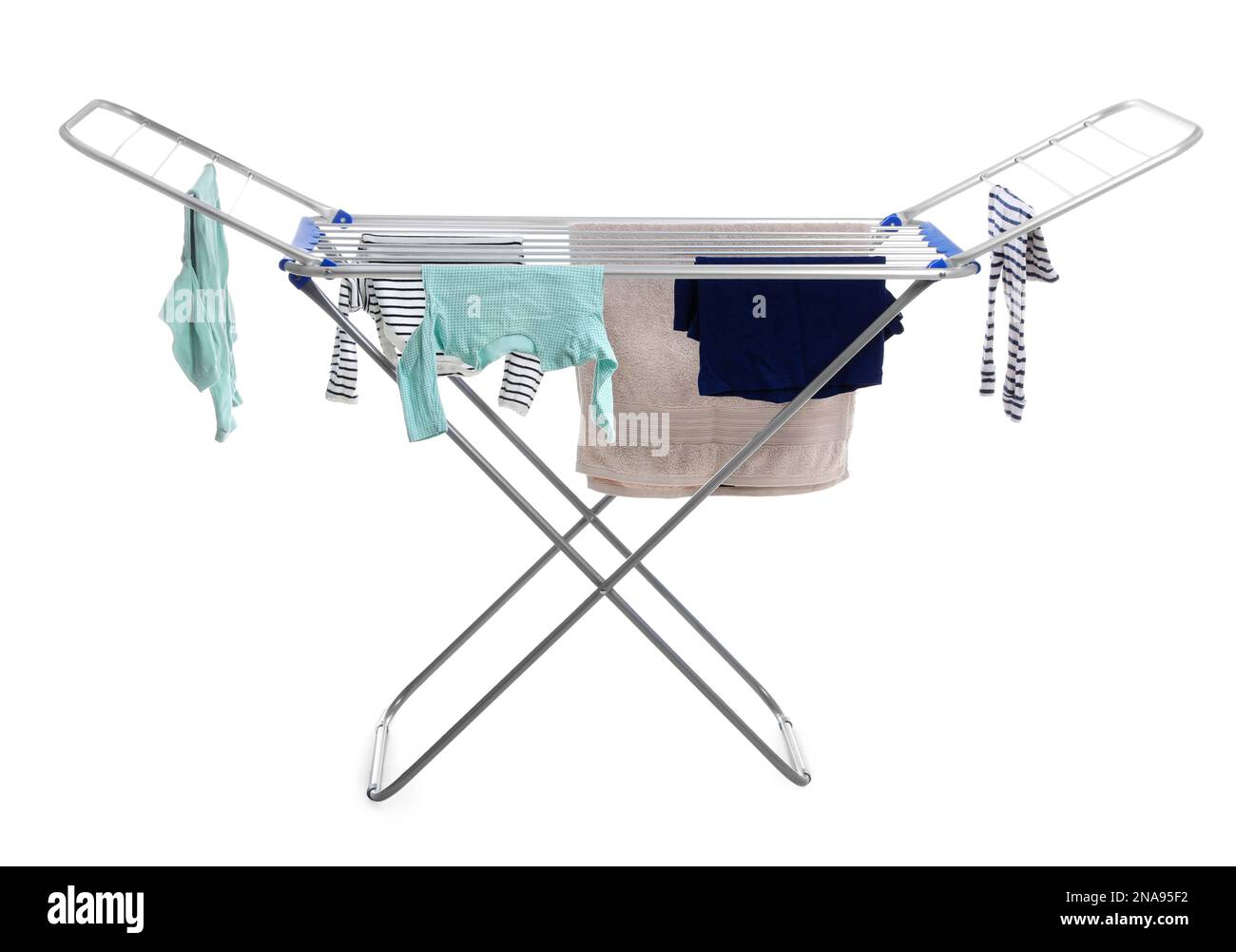 Modern drying rack with clothes on white background Stock Photo - Alamy