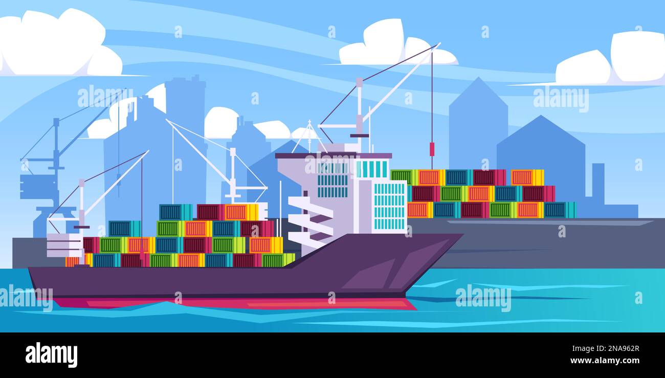 Freight ship in port. Cartoon marine dock with barge loading containers, international seaport ...
