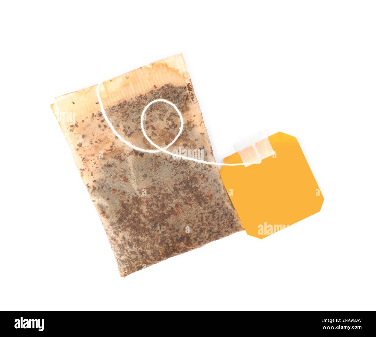 Used tea bag on white background, top view Stock Photo - Alamy