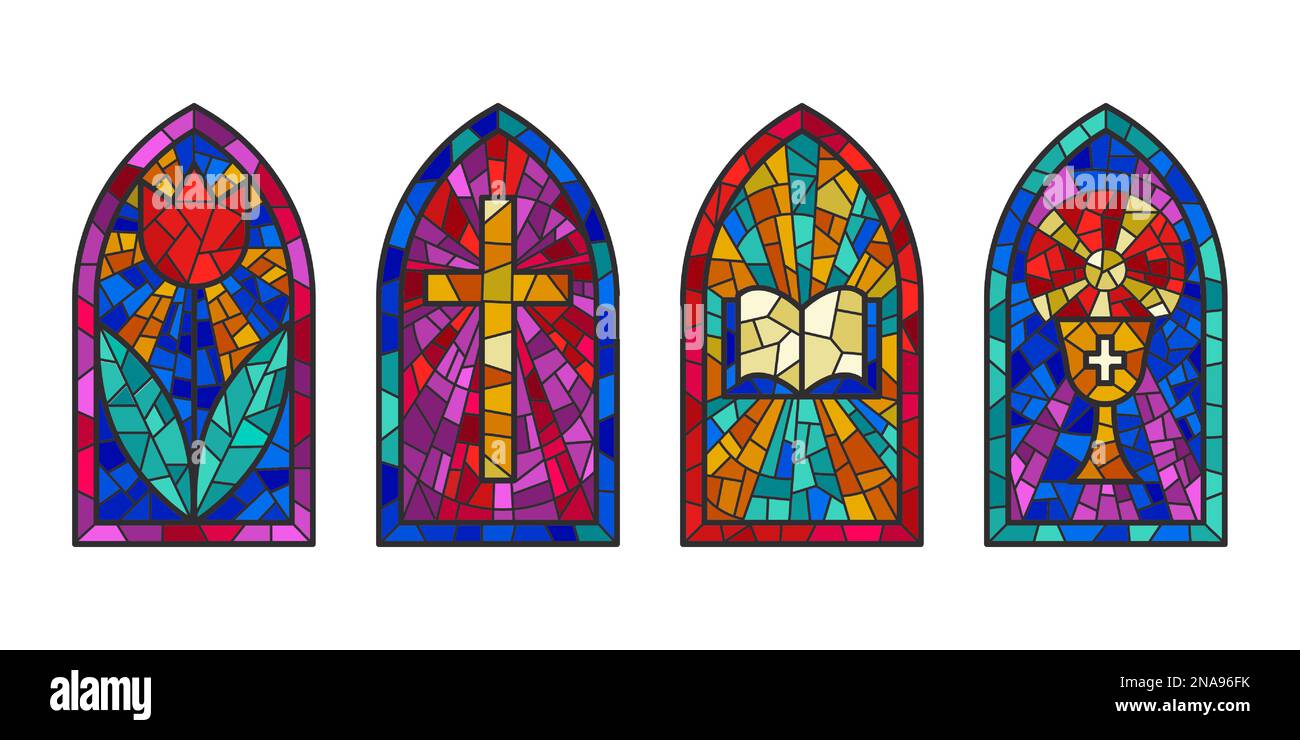 Church glass windows. Stained mosaic catholic frames with cross, book ...