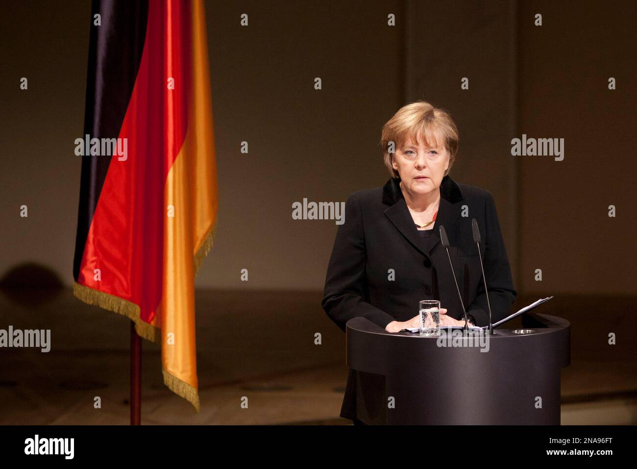 German Chancellor Angela Merkel delivers a speech during a memorial ...