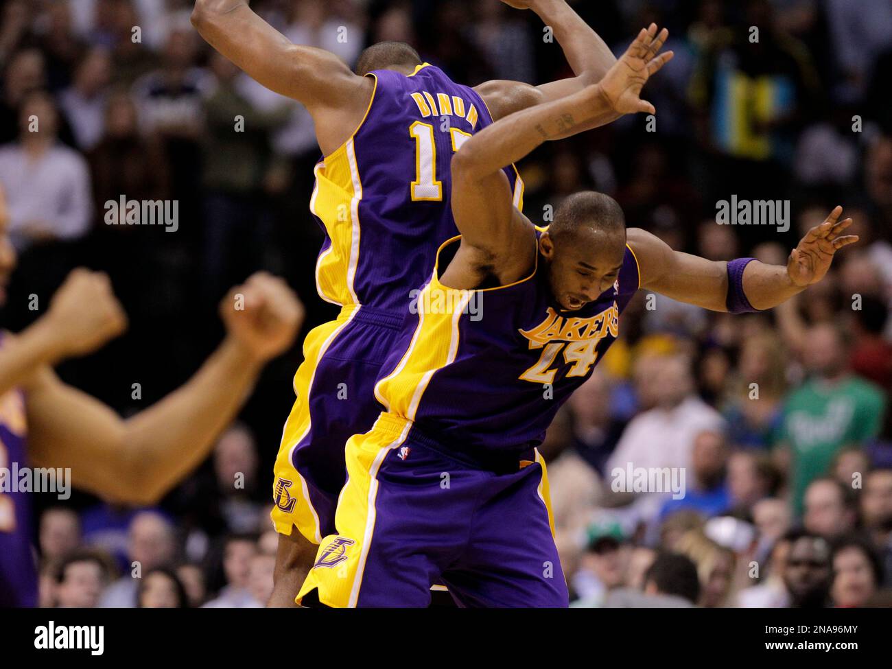 Los Angeles Lakers' Kobe Bryant (24) and Andrew Bynum, celebrate late ...