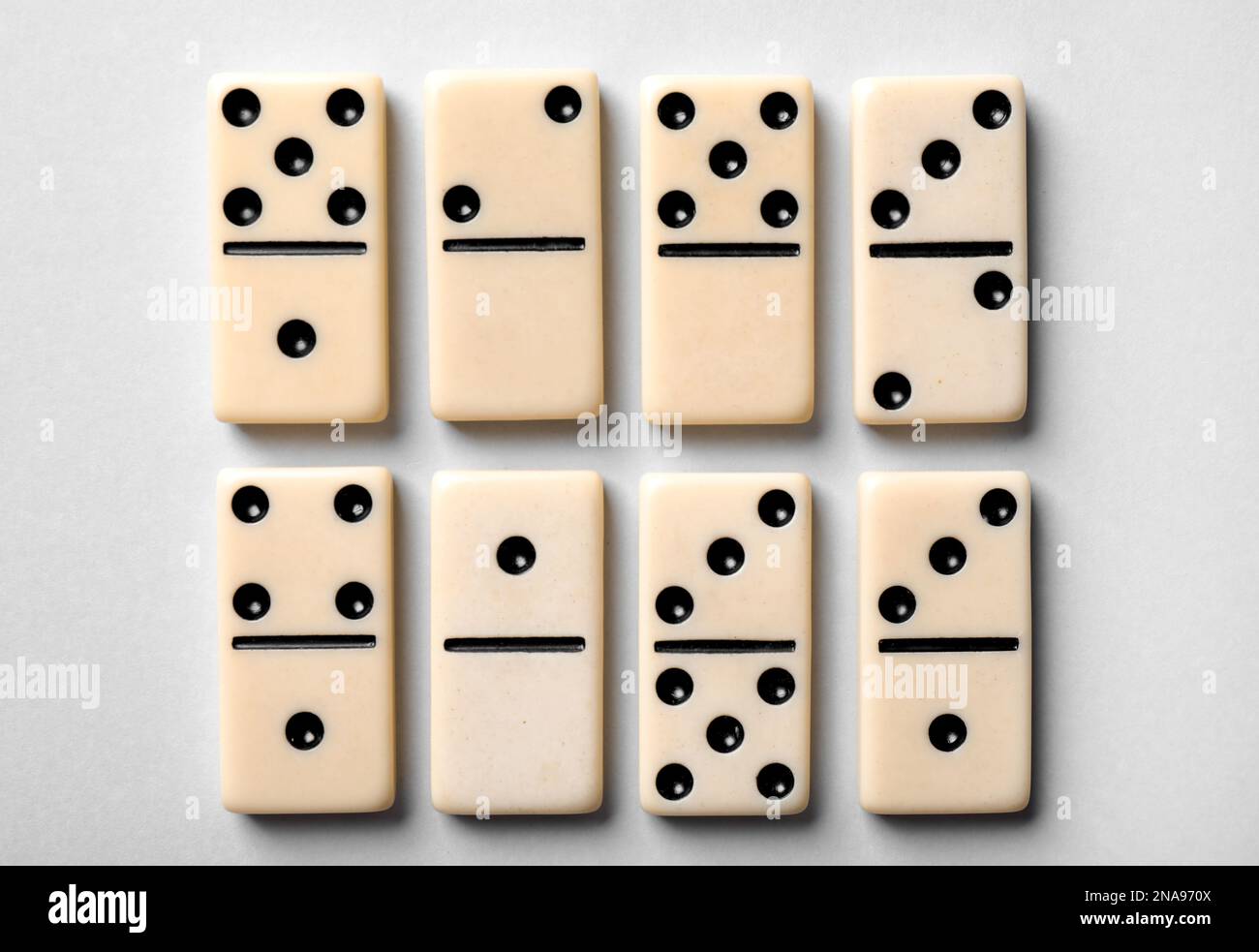 Set of classic domino tiles on white background, top view Stock Photo ...