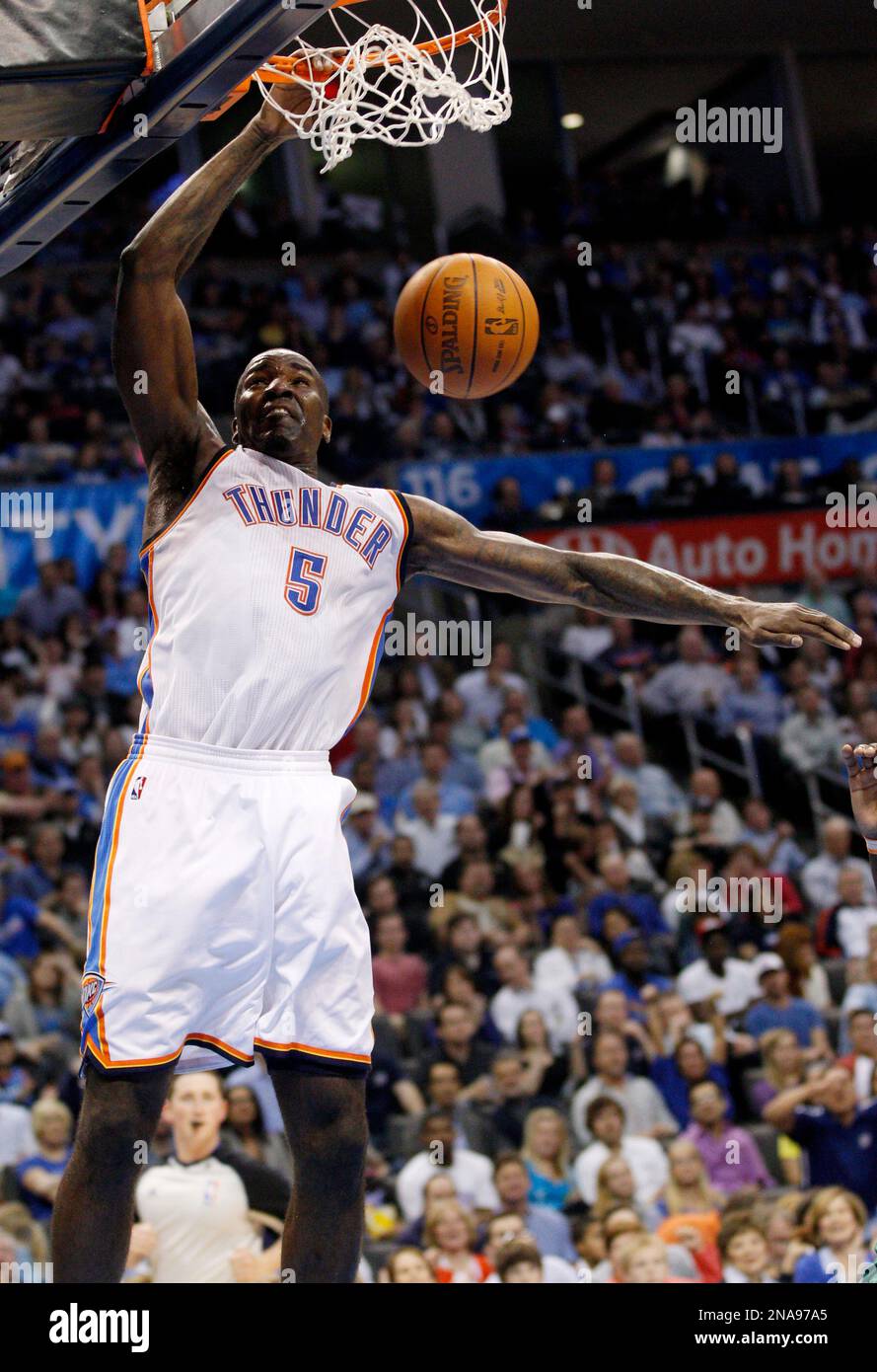 Oklahoma City Thunder center Kendrick Perkins dunks against the Boston ...