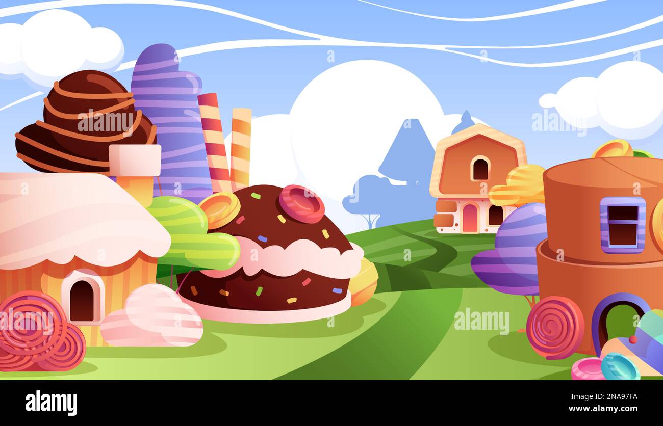 Cartoon candy house background. Sweet fairy buildings of cookies and ...
