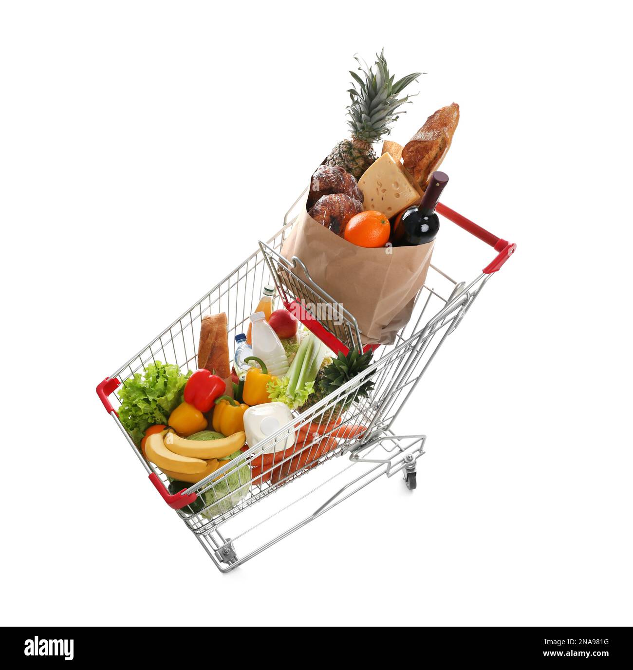 Shopping cart with groceries on white background, above view Stock ...