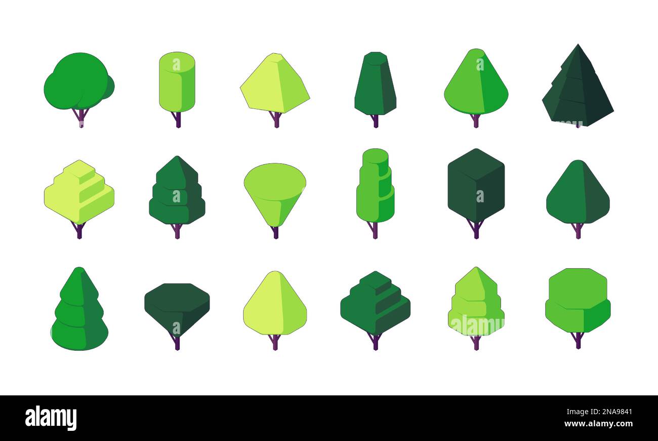 Isometric trees. Green plants of polygonal shapes, botanical deciduous ...